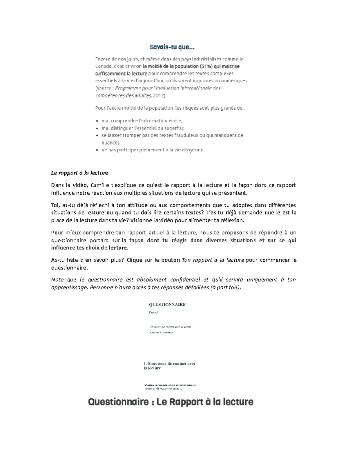 Le rapport à la lecture questionnaire - Le rapport à la lecture Dans la ...