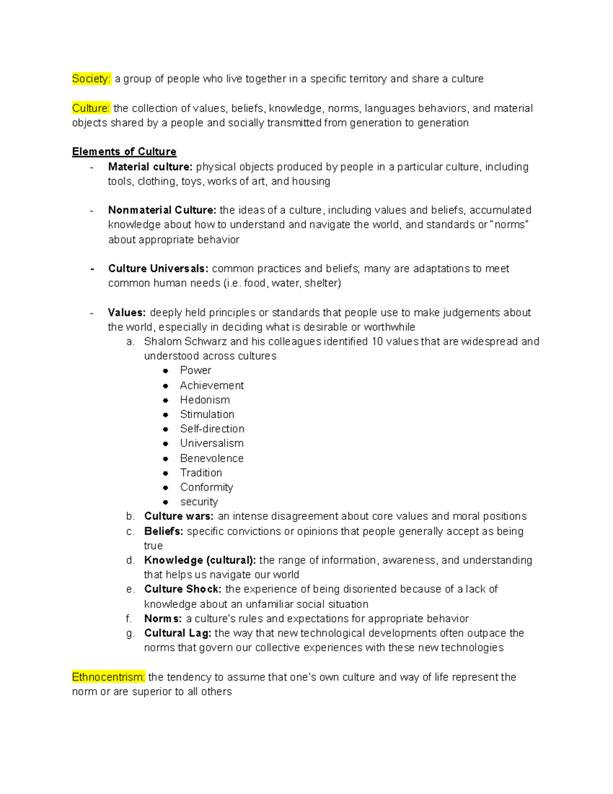 (Ch.3) Culture - Dr. Bonazzo, Introduction to Sociology, Lecture notes ...