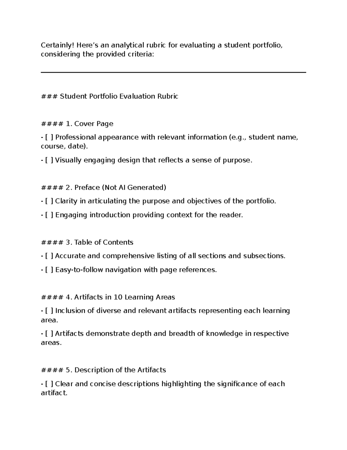 Rubric for Portfolio - Certainly! Here’s an analytical rubric for ...