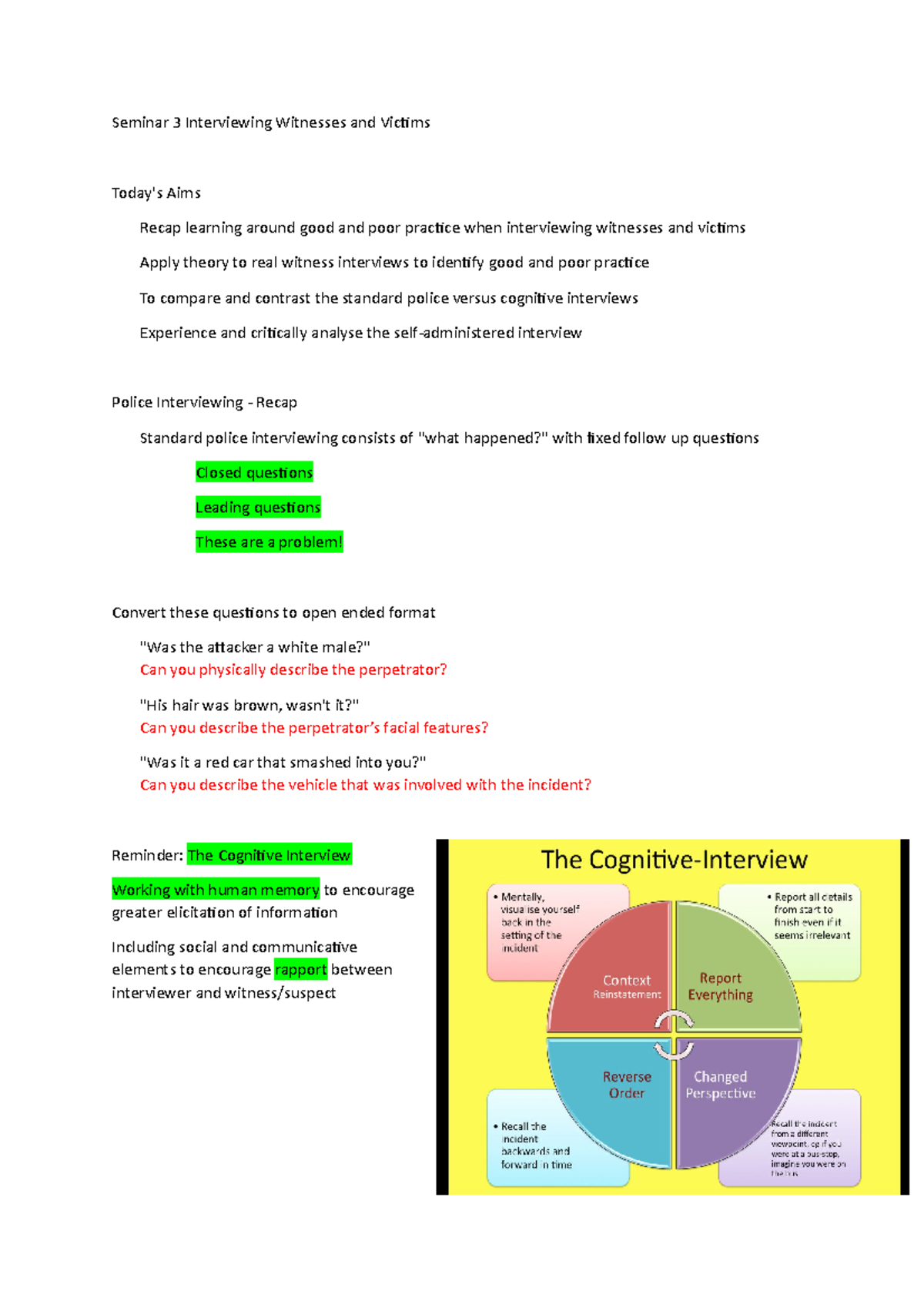 Seminar 3 Interviewing Witnesses and Victims - Seminar 3 Interviewing ...