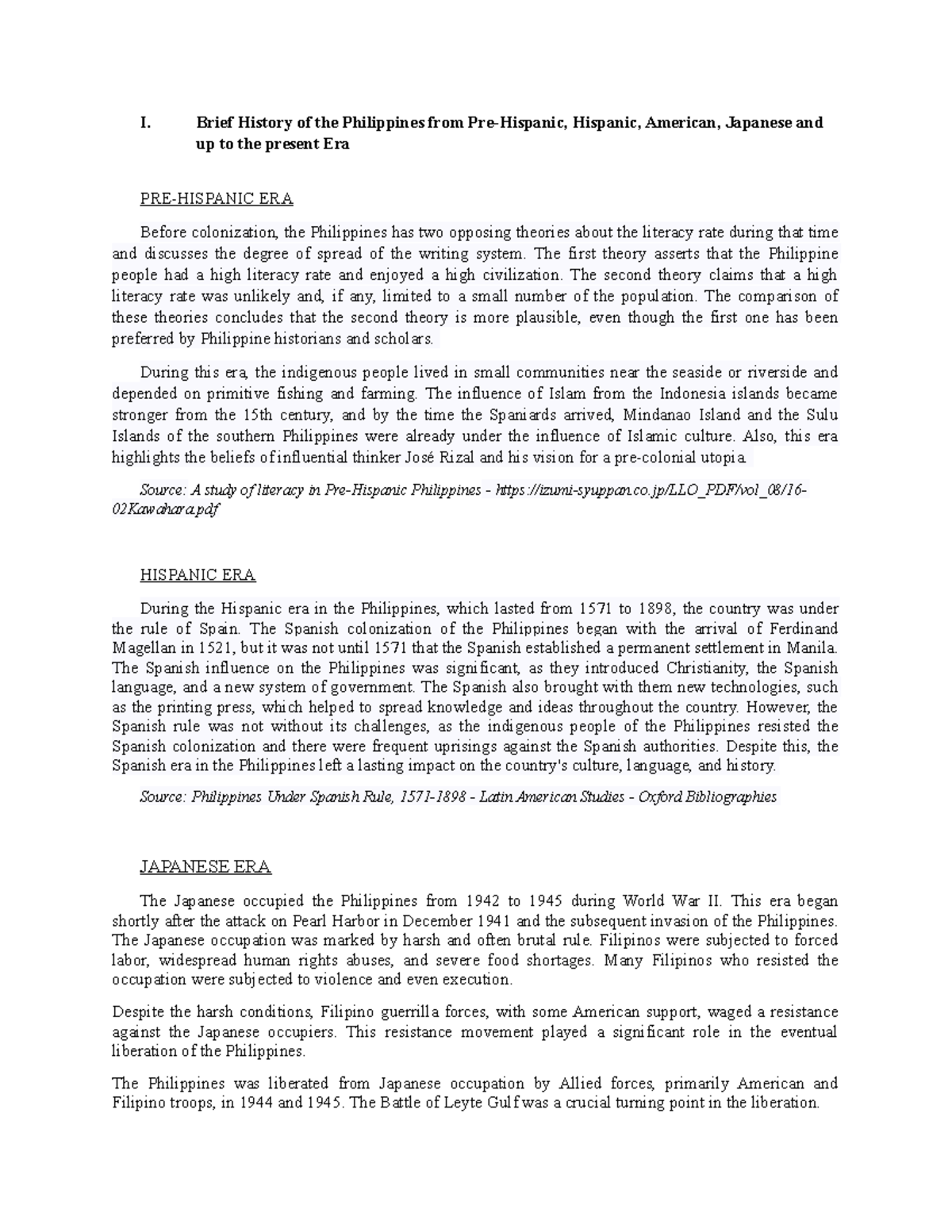 Philippine History - I. Brief History of the Philippines from Pre ...