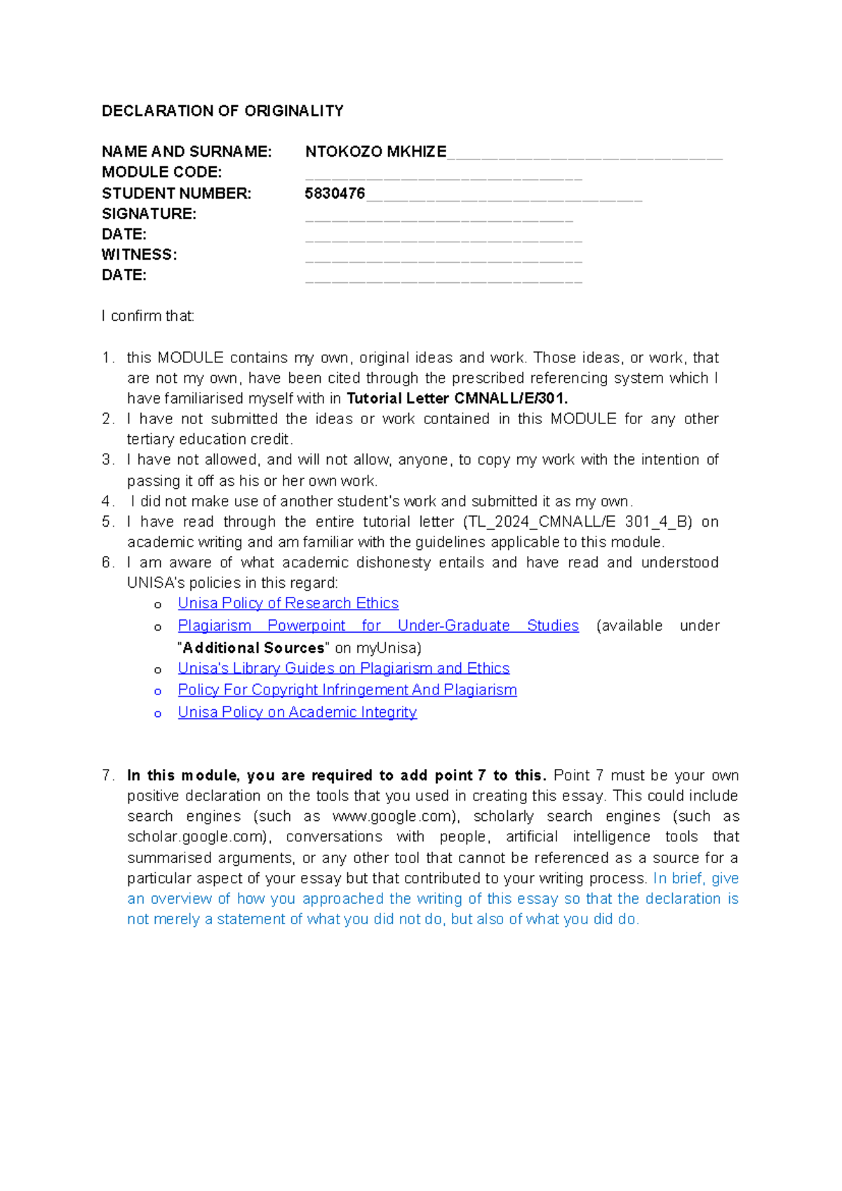 Declaration of originality - DECLARATION OF ORIGINALITY NAME AND ...