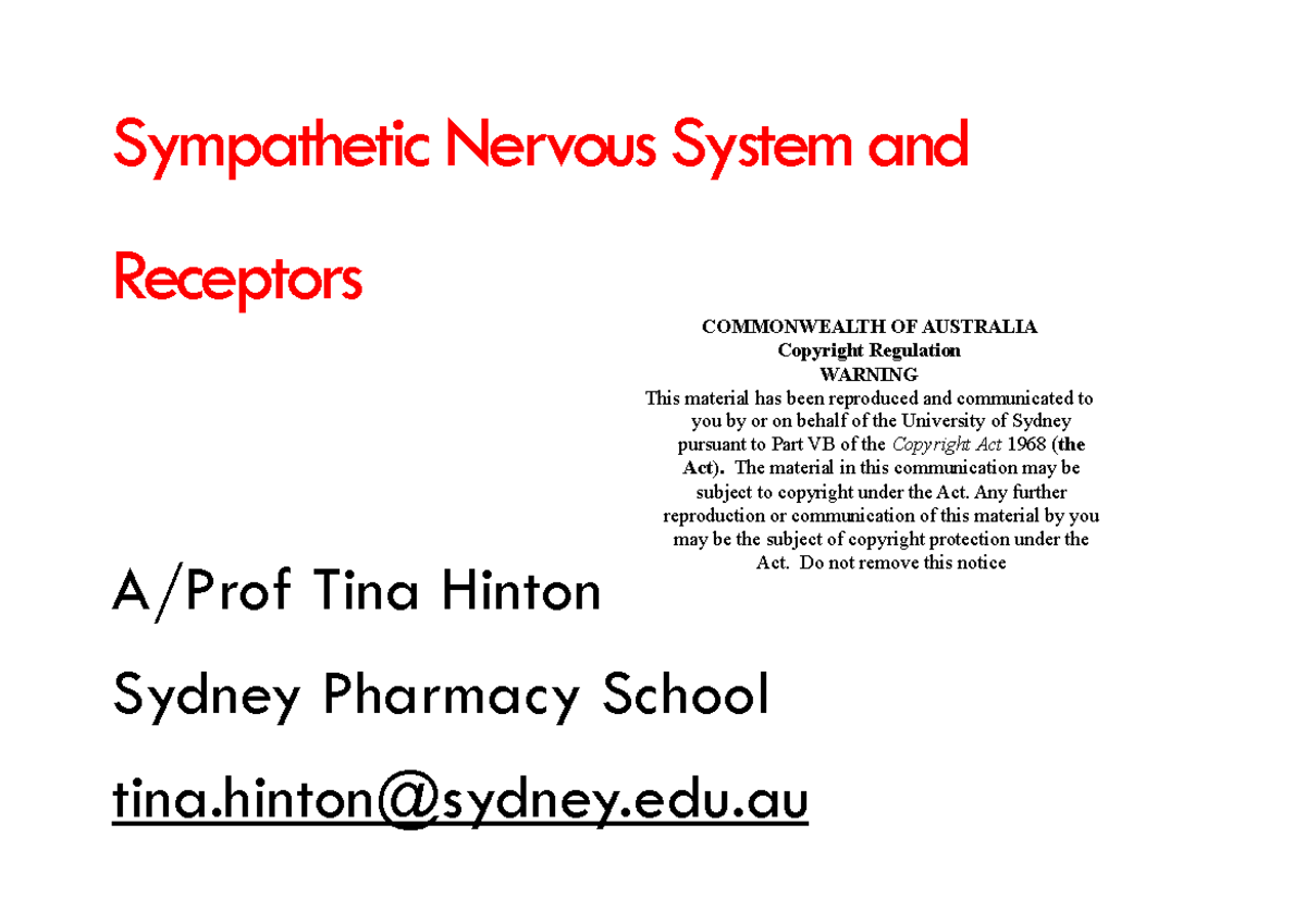 SNS and Receptors - lecture slides - Sympathetic Nervous System and ...