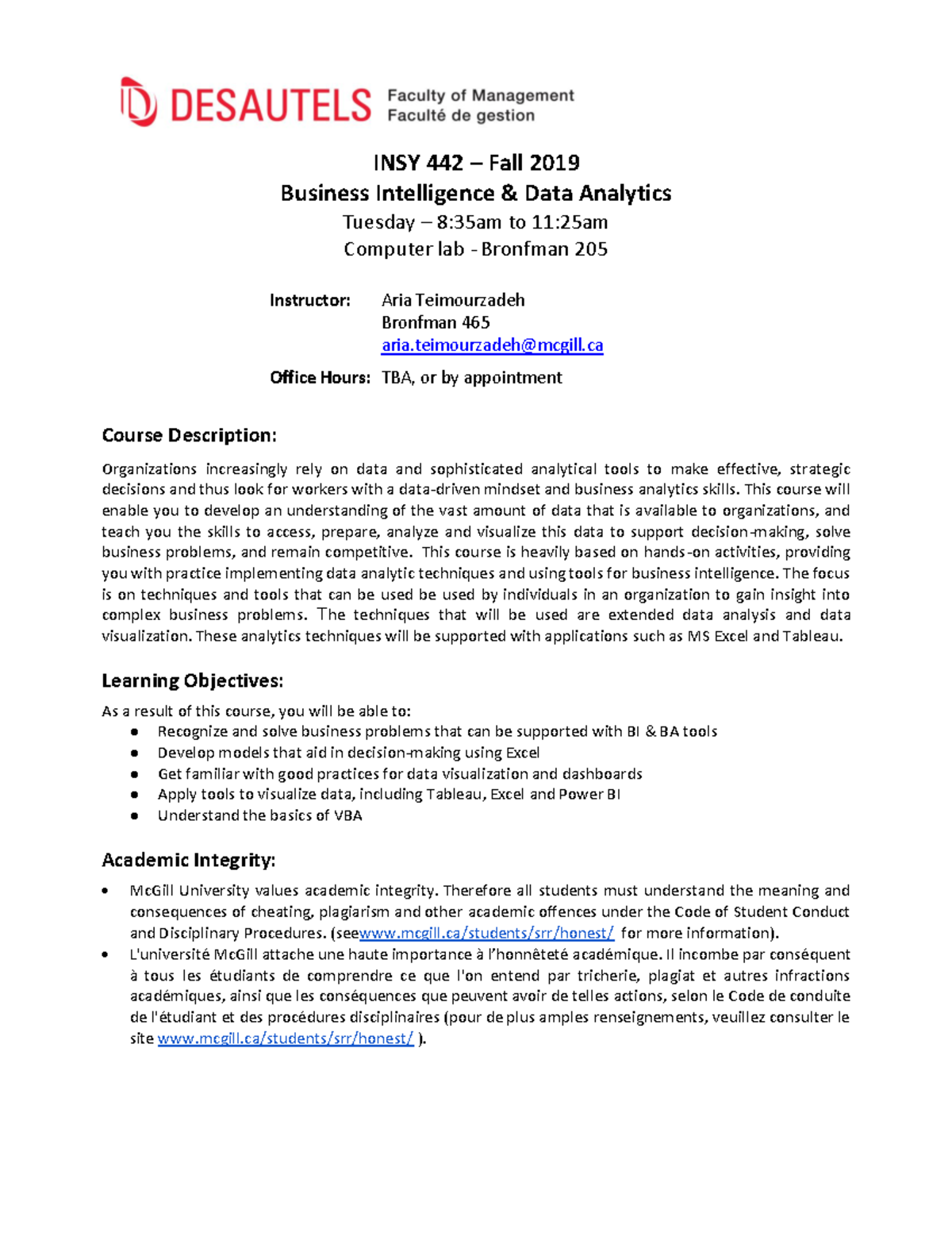 INSY 442 Course Outline F2019 Updated - Warning: TT: undefined function: 32 Warning: TT ...