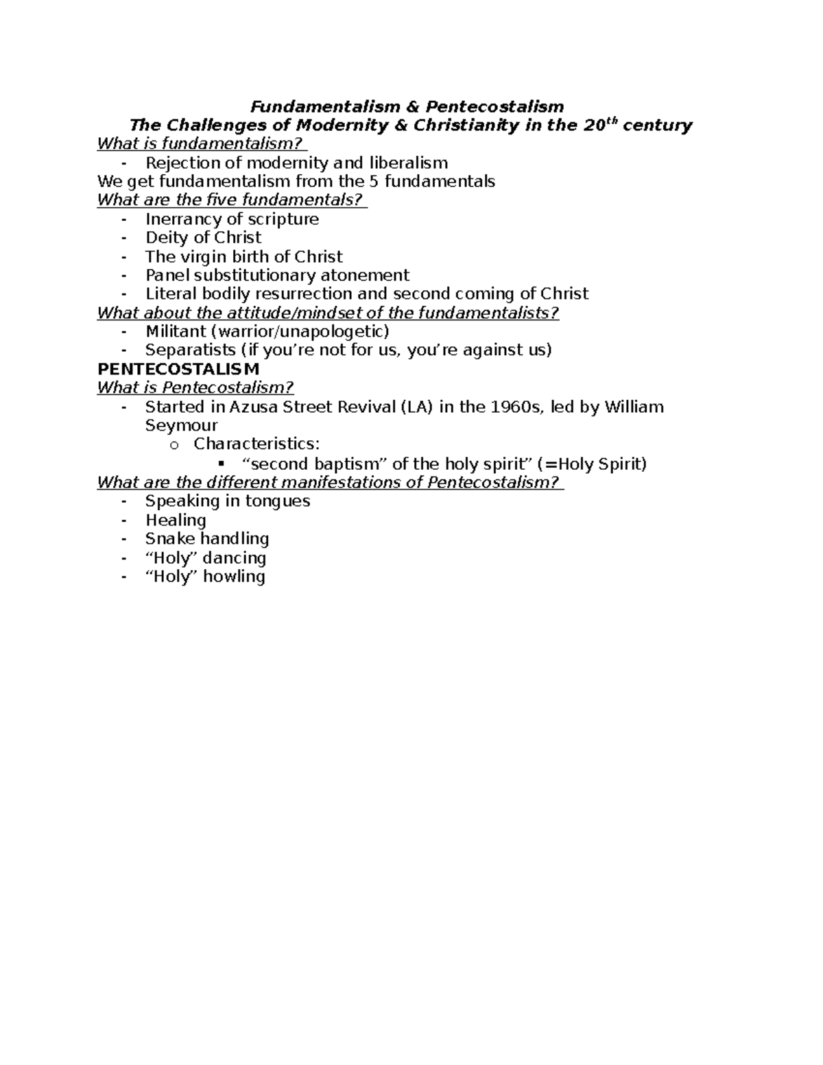 Fundamentalism & Pentecostalism Lecture Notes - DODSON - Fundamentalism ...