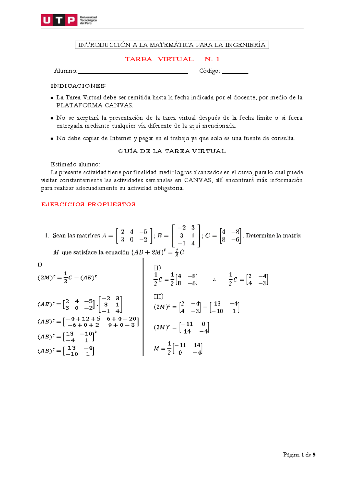 S01.s2 - Resolver ejercicios - ####### ####### TAREA VIRTUAL N° 1 Alumno: Código: INDICACIONES ...