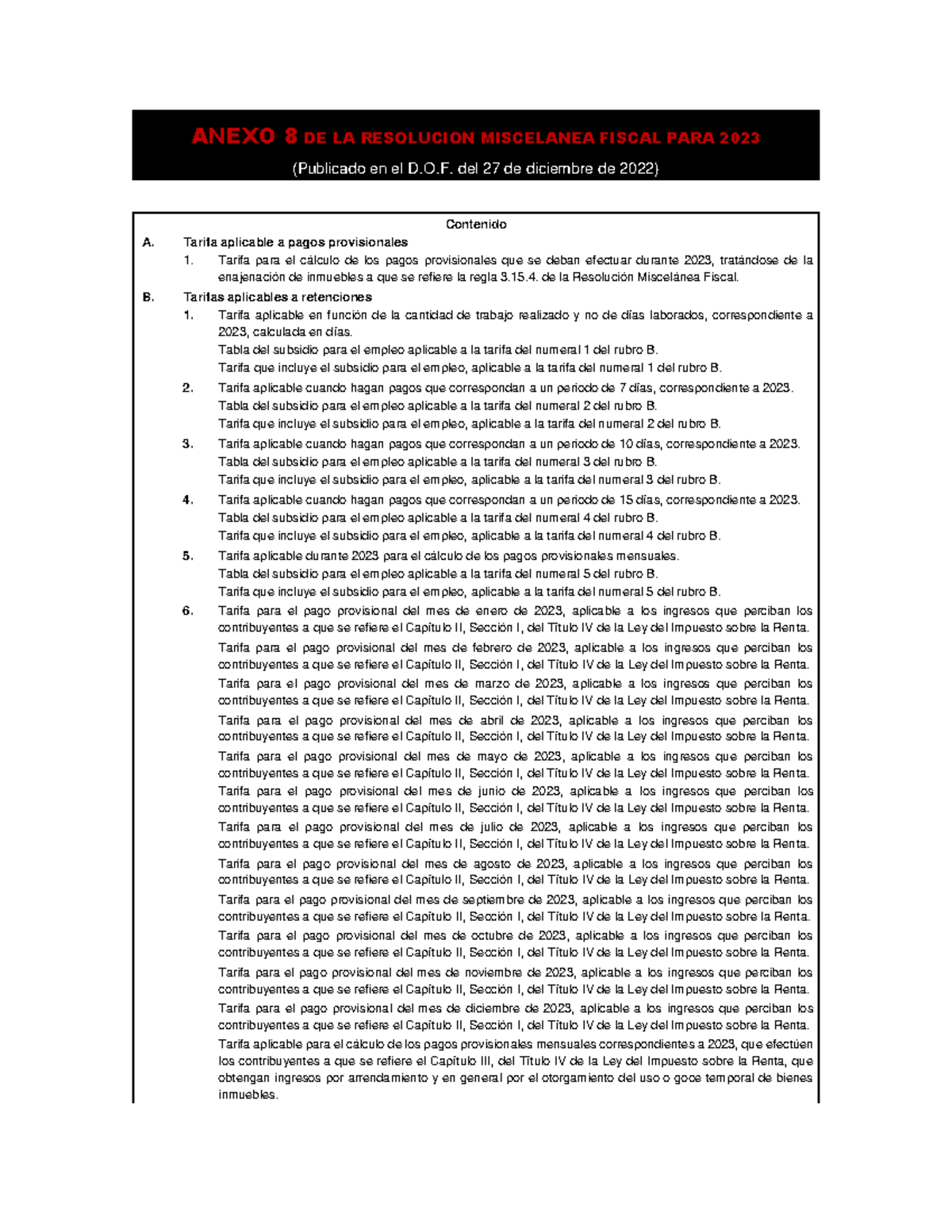 Anexo 8rmf2023 - tarifas - ANEXO 8 DE LA RESOLUCION MISCELANEA FISCAL PARA 2023 (Publicado en el ...
