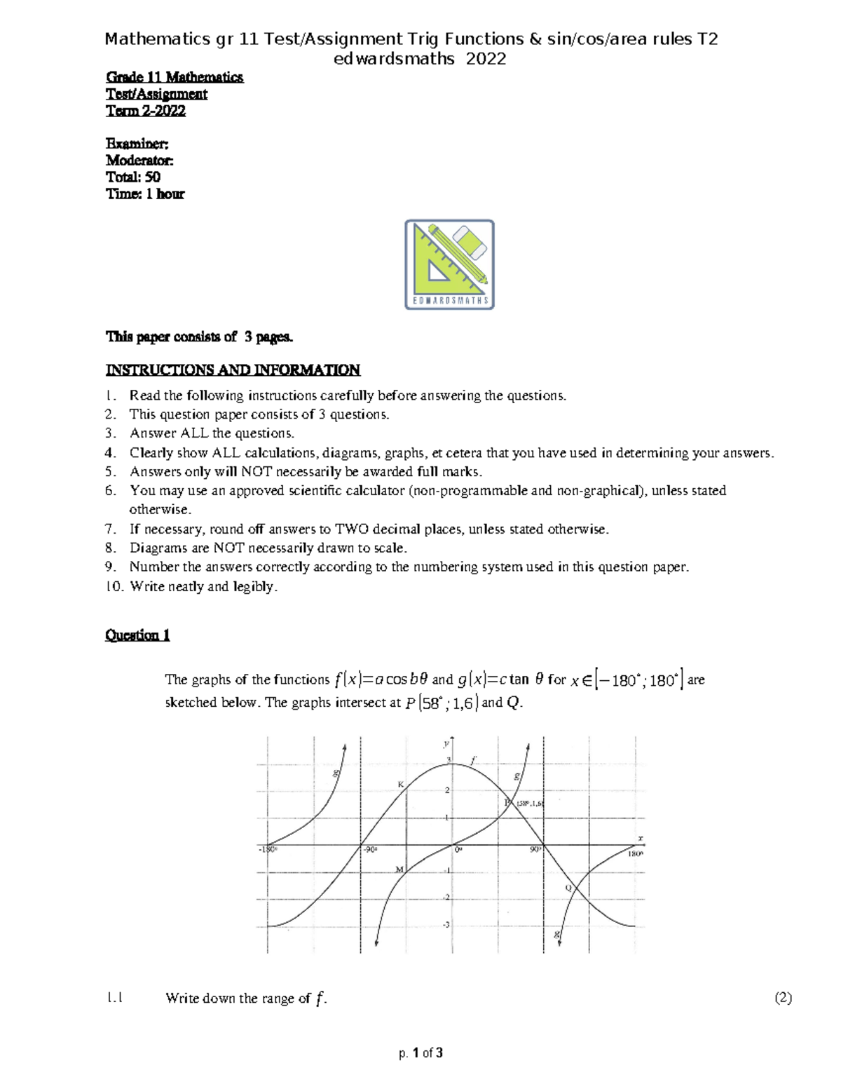 Gr 11 Edwardsmaths Test or Assignment Trig Functions & sin cos area ...