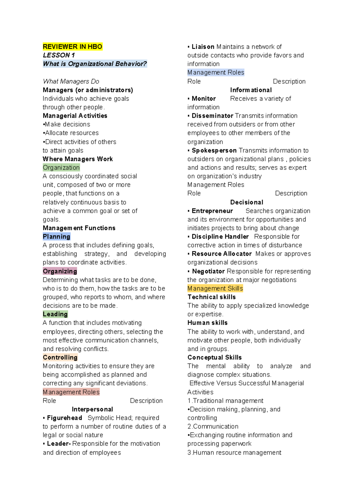 NOTES IN Human Behavior and Organization BSA 1 - REVIEWER IN HBO LESSON ...