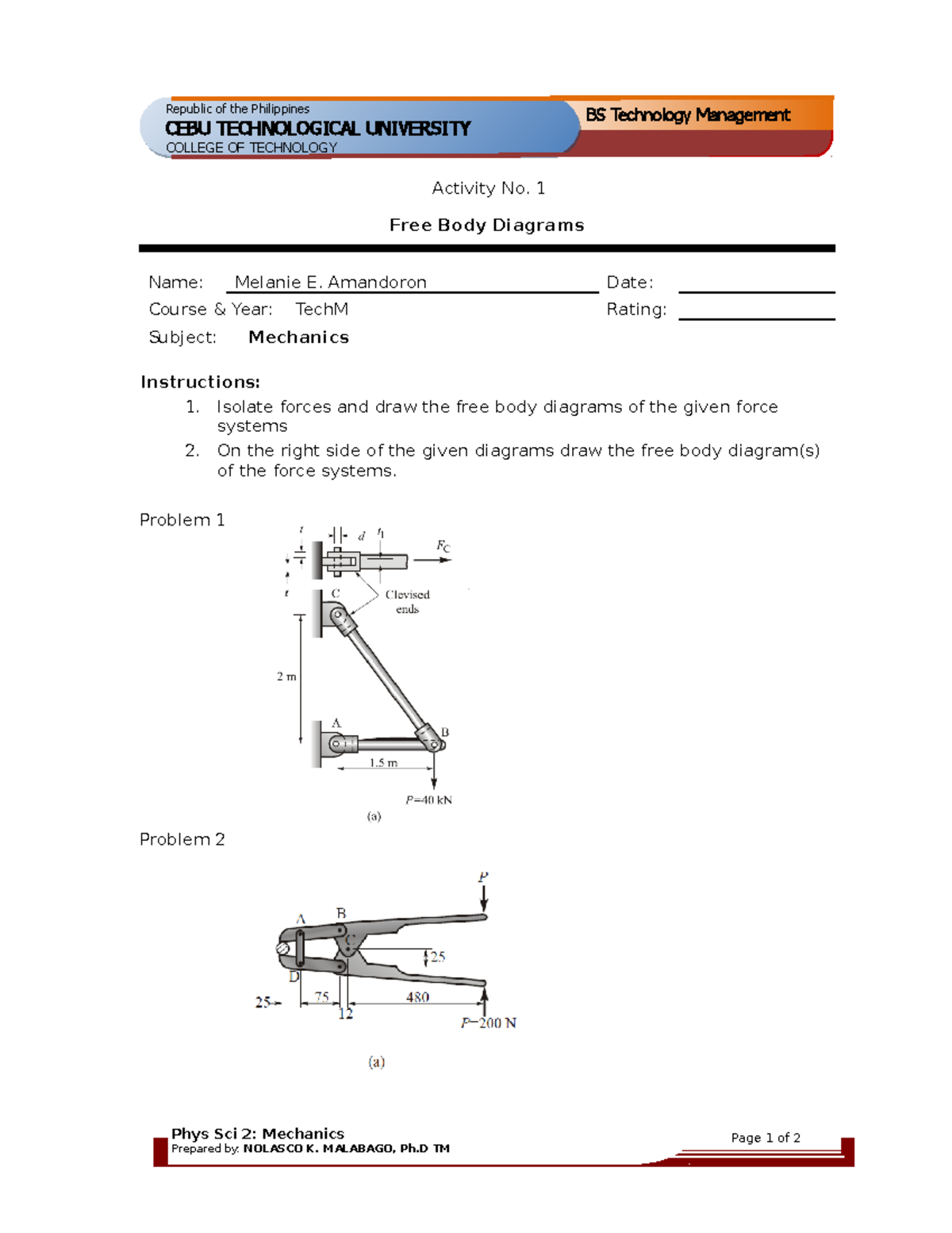 Mech act1 - Mechanics, Free body diagram - Phys Sci 2: Mechanics ...