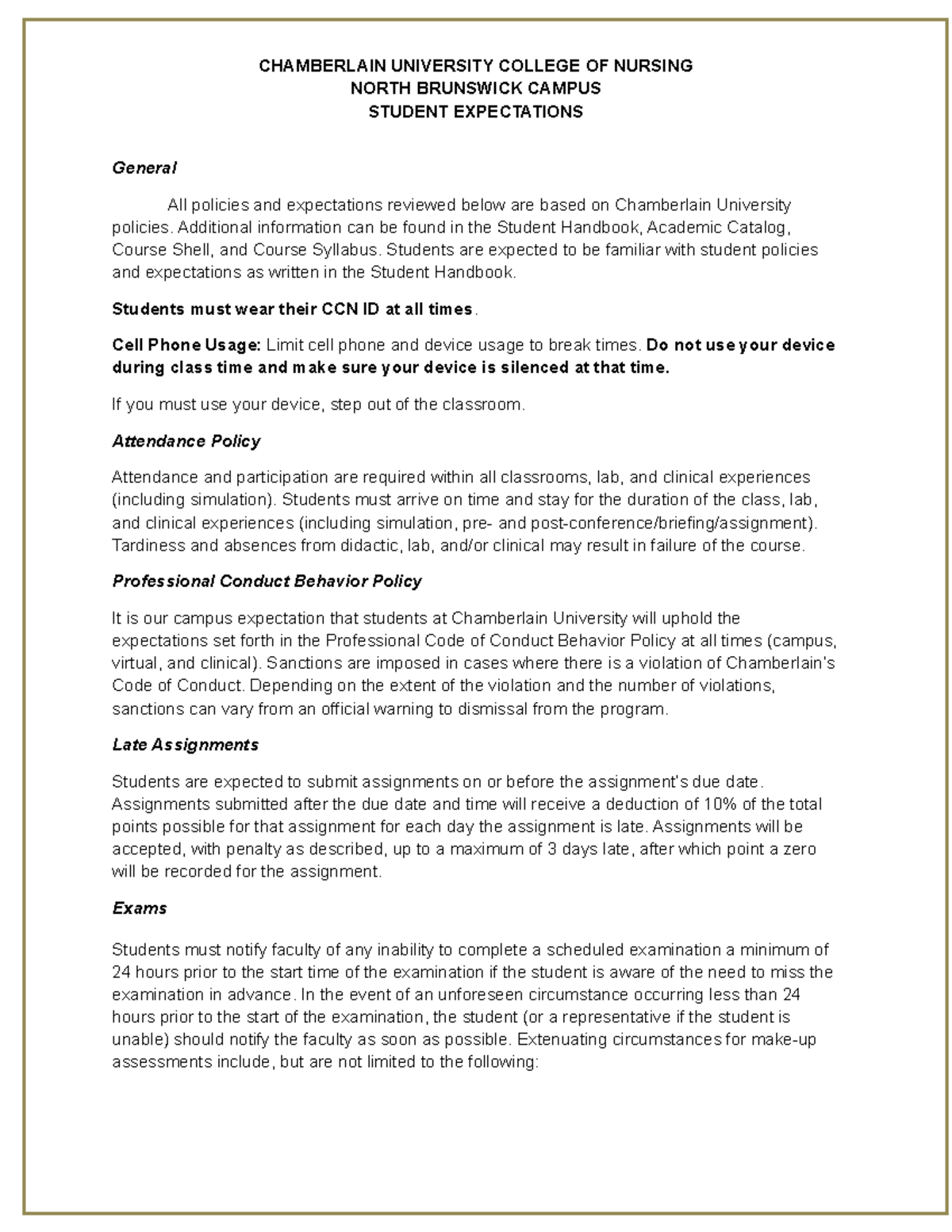 Student Expectations-Revised - CHAMBERLAIN UNIVERSITY COLLEGE OF ...