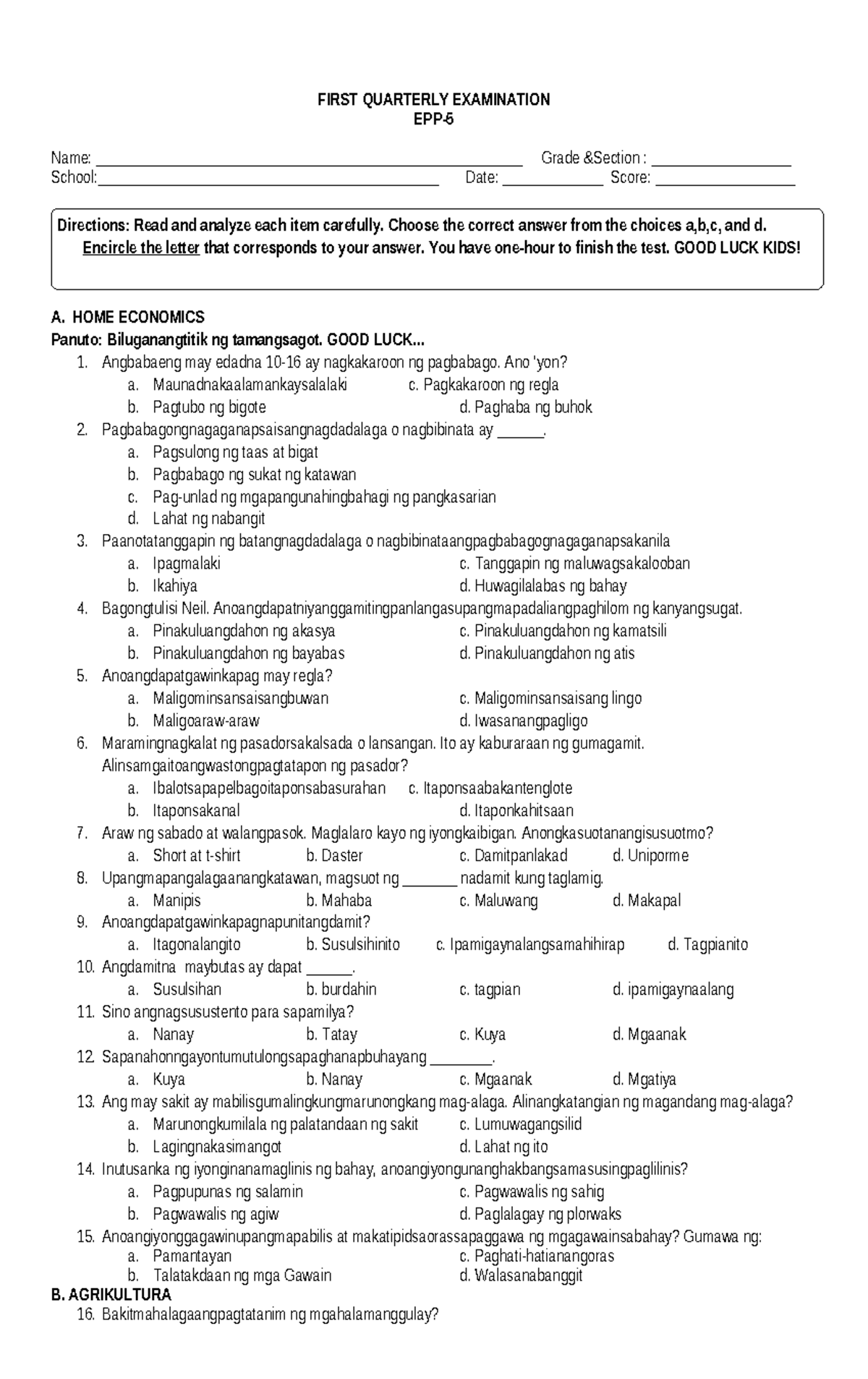 PT EPP 5 Q1 - essay - FIRST QUARTERLY EXAMINATION EPP- Name: - Studocu