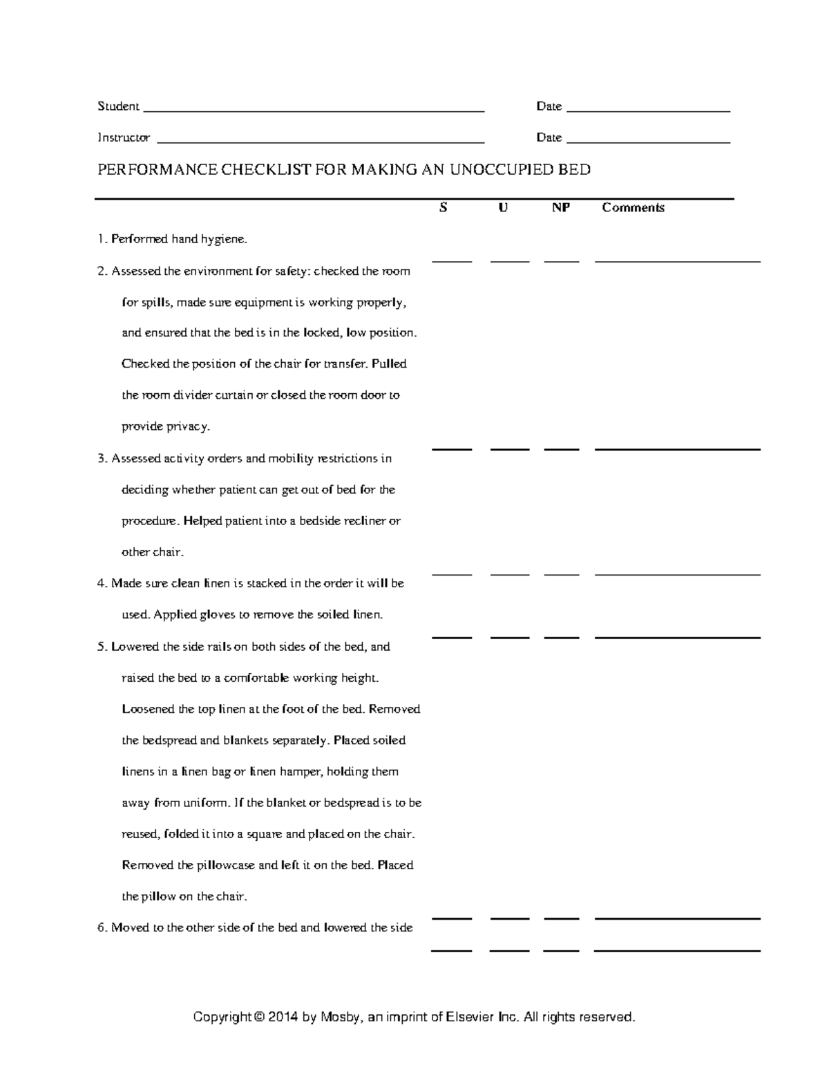 Making An Unoccupied Bed-checklist - Copyright © 2014 by Mosby, an ...