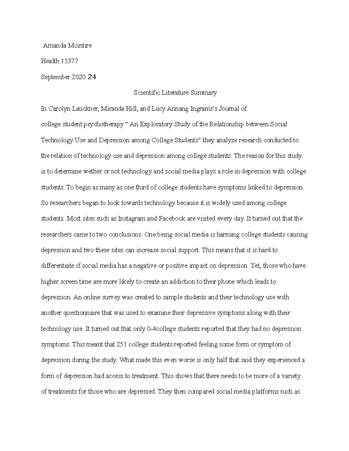 Scientific.. Lit summary Health- Amanda Mcintire - Amanda Mcintire ...