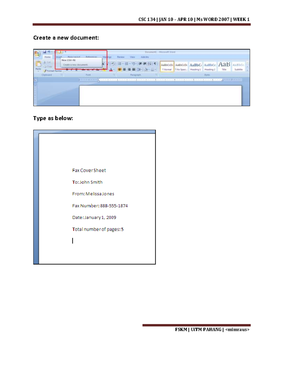 Lesson 1 - Lab - CSC 134 | JAN 10 – APR 10 | Ms WORD 2007 | WEEK 1 ...