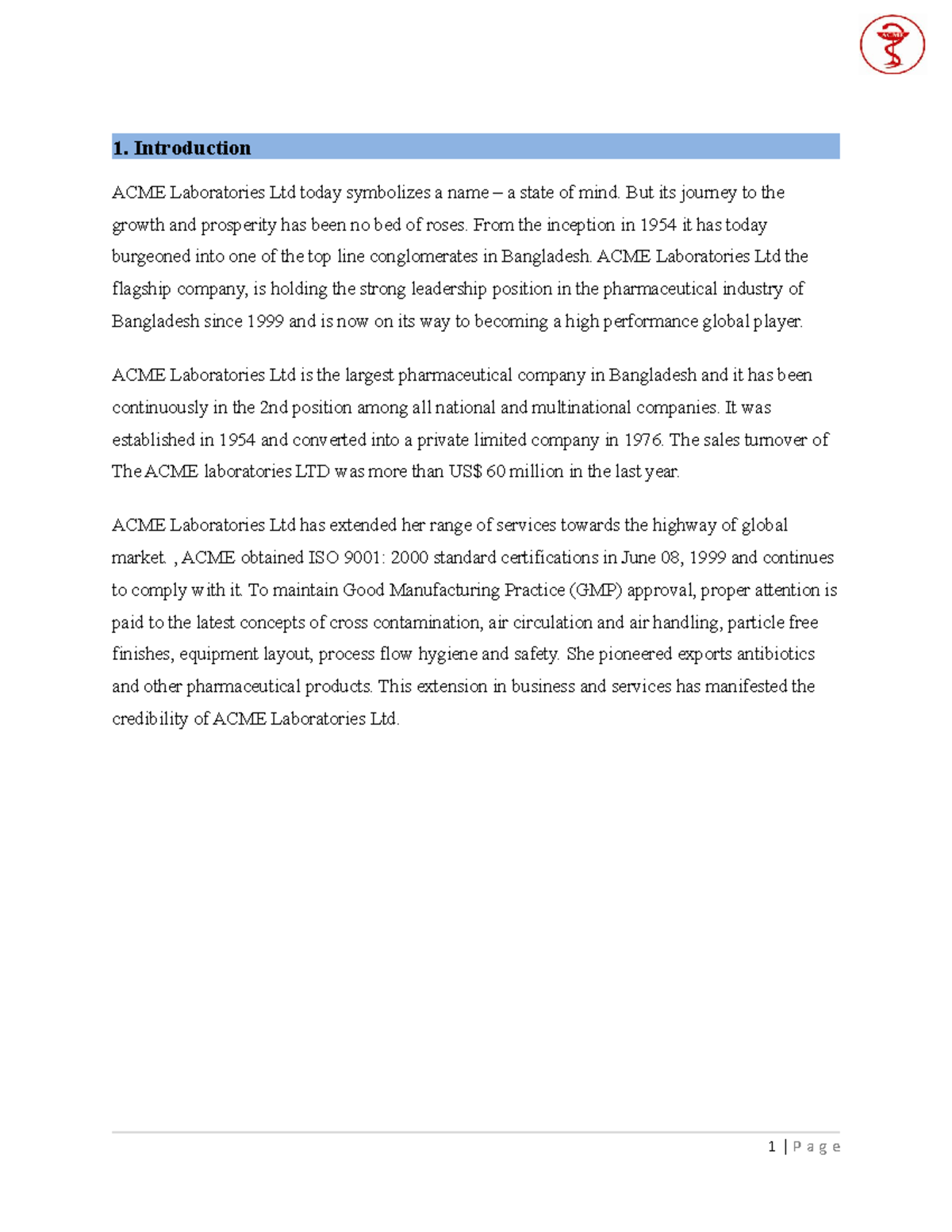 Term Paper On ACME Laboratories Ltd Bang - 1. Introduction ACME Laboratories Ltd today ...