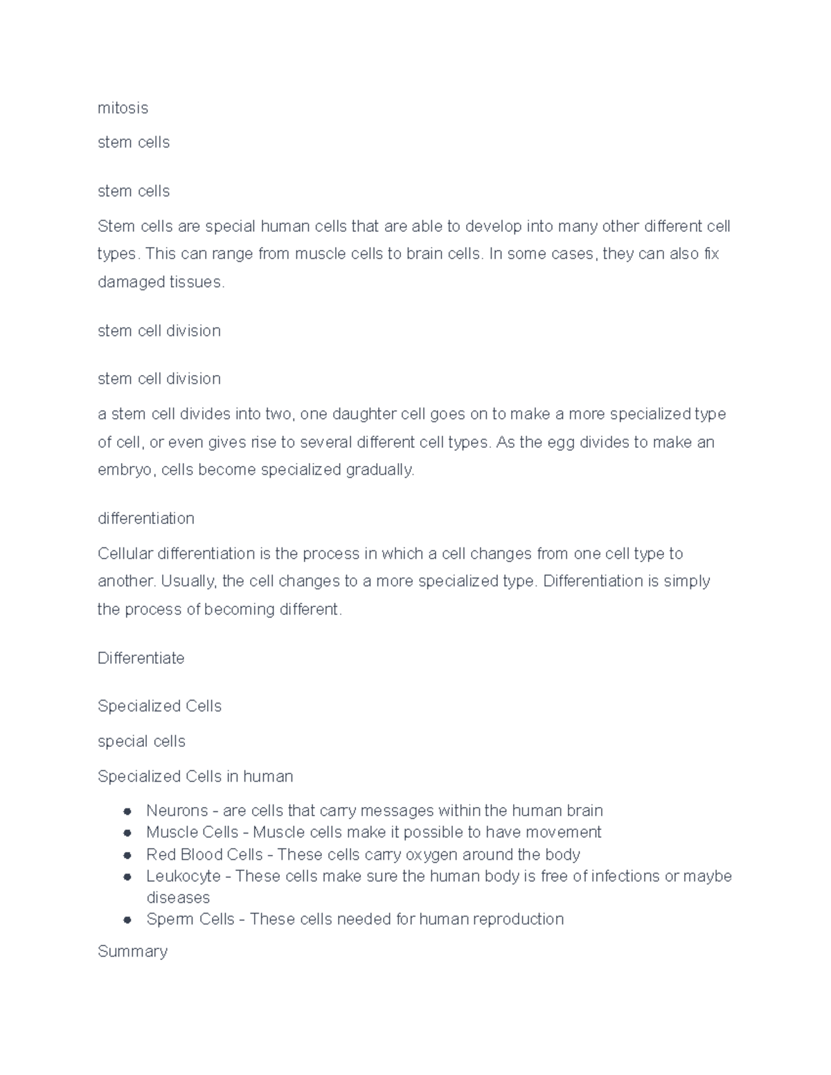 Untitled document (16) - mitosis stem cells stem cells Stem cells are special human cells that ...