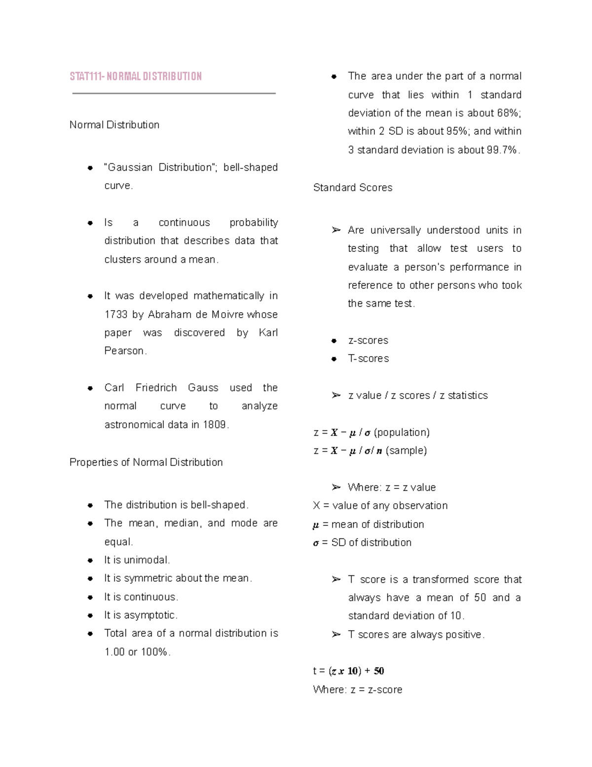 STAT111- Normal Distribution-1 - STAT111- NORMAL DISTRIBUTION Normal Distribution “Gaussian ...