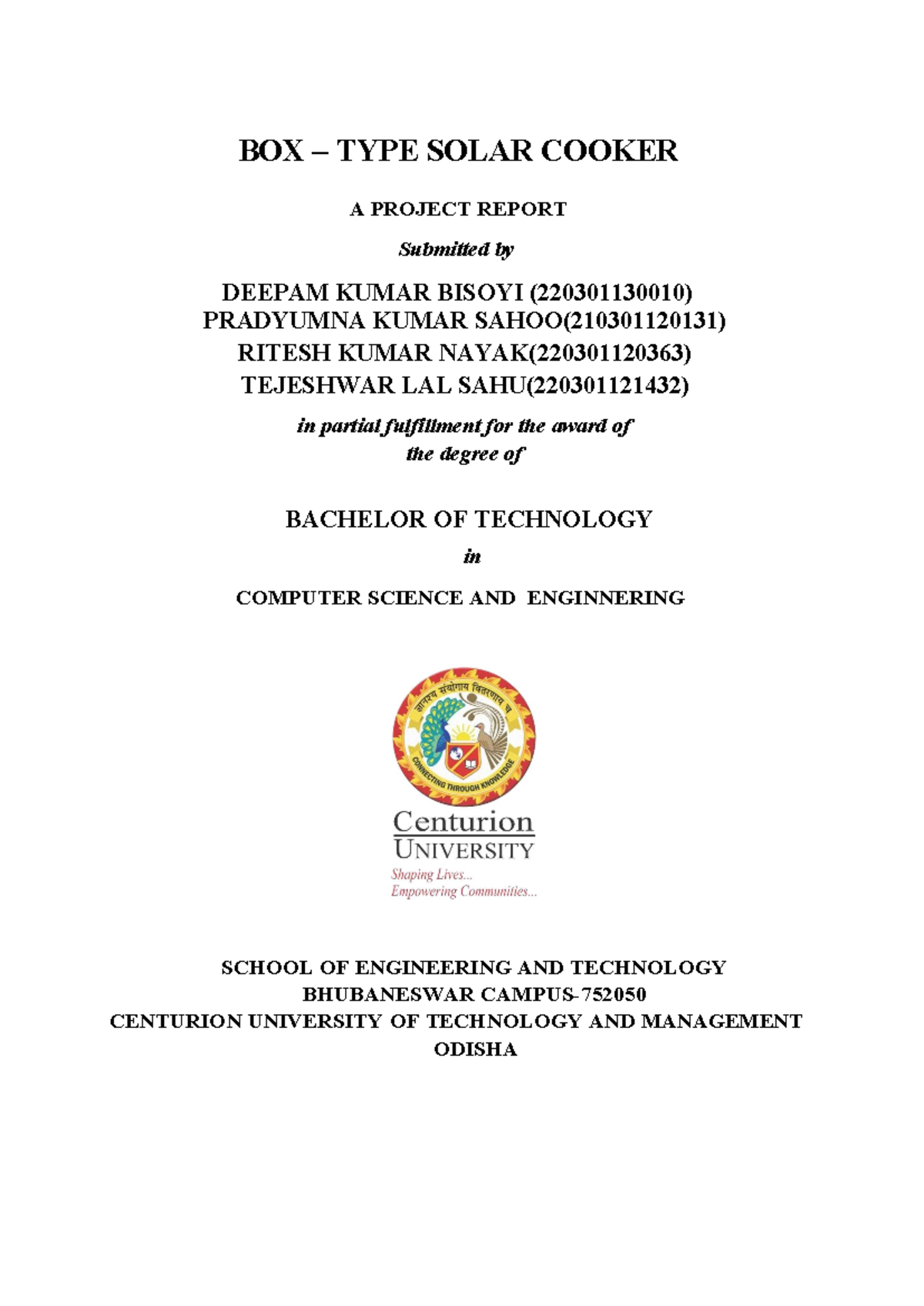 Solar Project Report - BOX – TYPE SOLAR COOKER A PROJECT REPORT ...