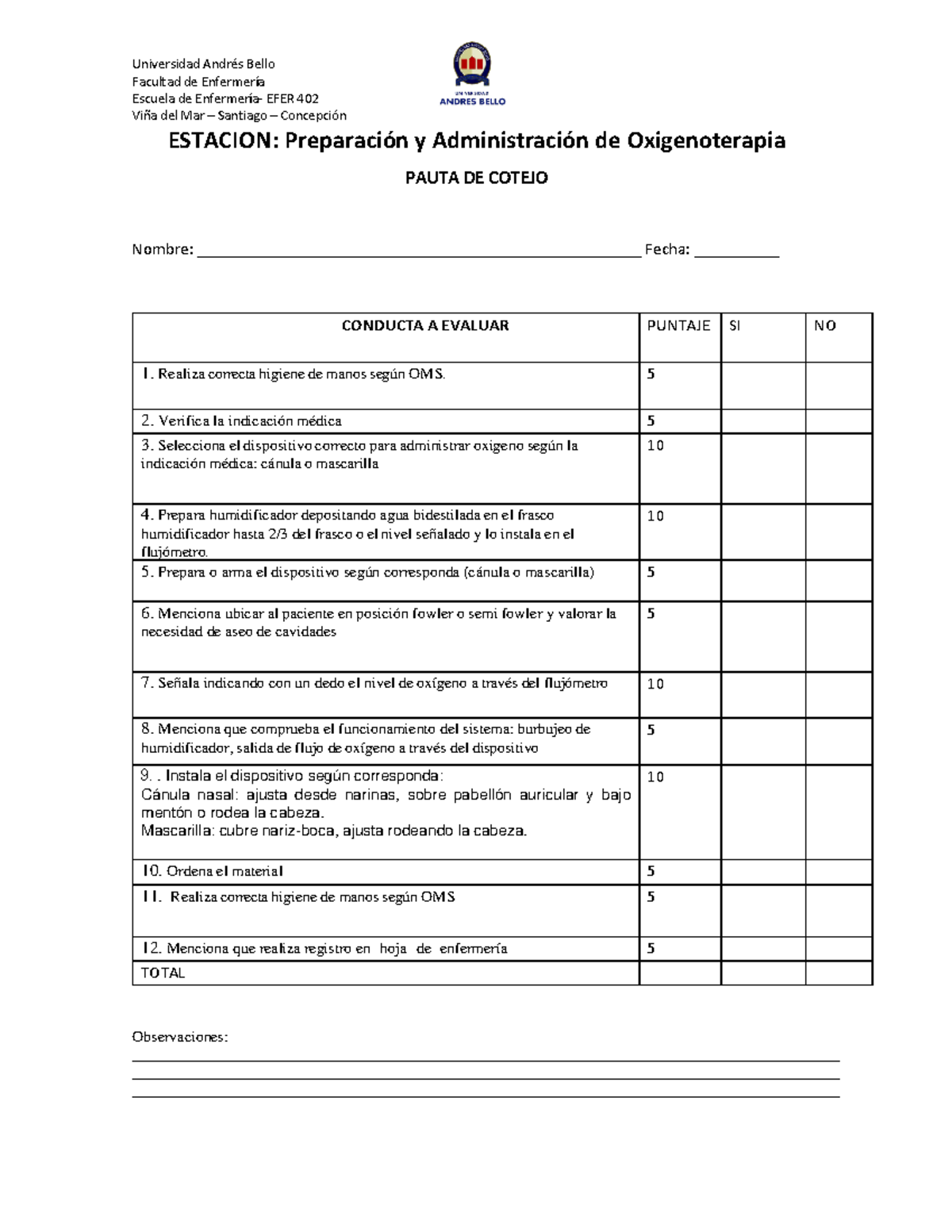 Pauta Oxigenoterapia 2 - Universidad Andrés Bello Facultad de ...