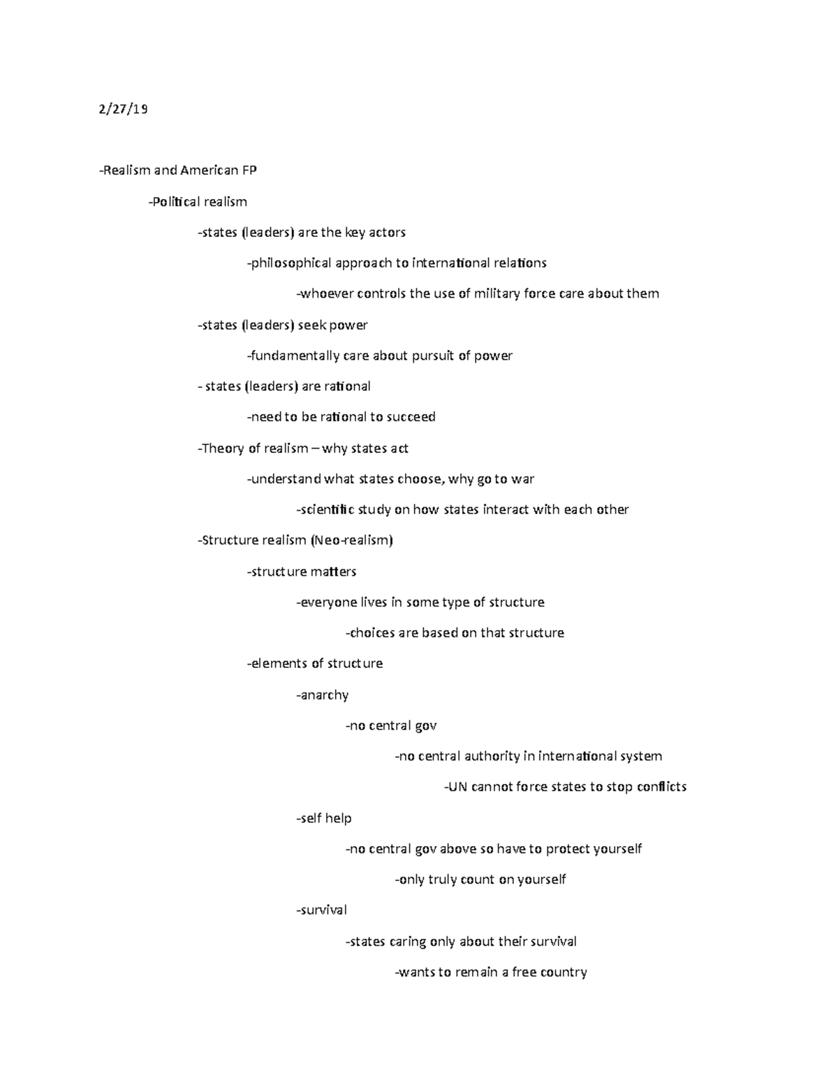 Foreign Policy Unit 2 Notes - 2/27/ -Realism and American FP -Political ...