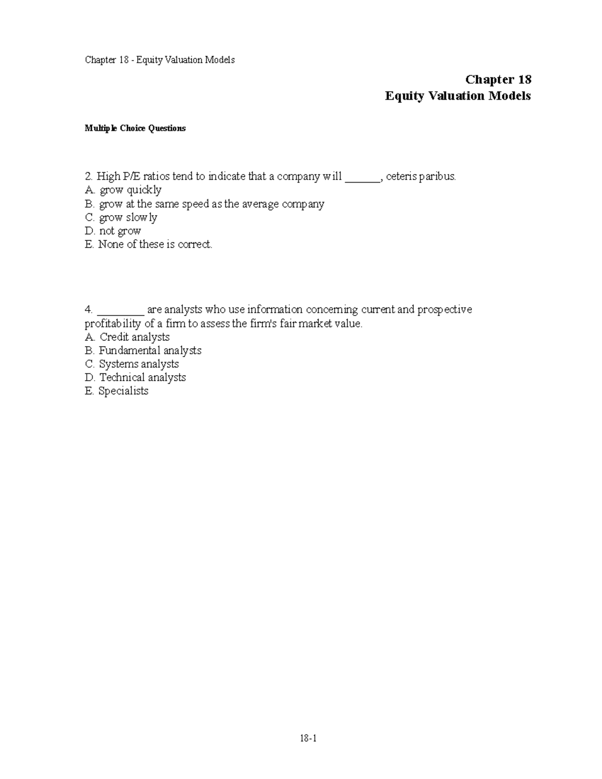 Chapter 18 Equity Valuation Models Multi - Chapter 18 Equity Valuation ...