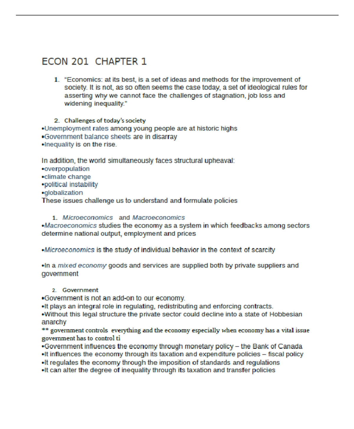 Economy Definition and Todays Issues - Chapter 1 Review - ECON 201 - Studocu