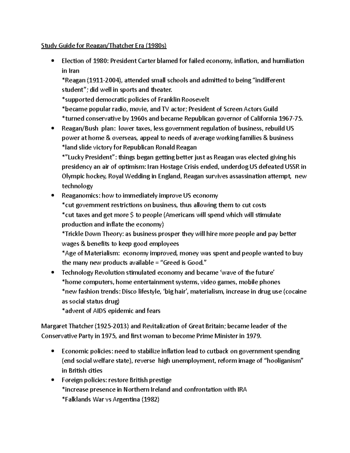 Study Guide for Reagan Era (1980s) - Study Guide for Reagan/Thatcher ...