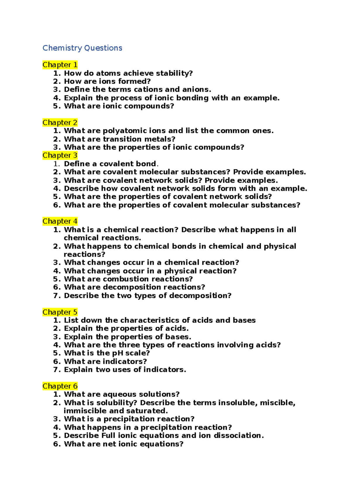 Chemistry Questions - 1 - Chemistry Questions Chapter 1 1. How do atoms ...