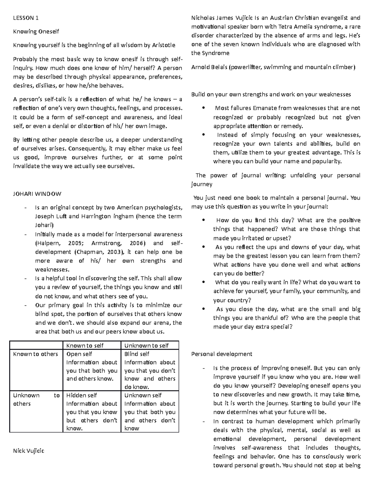 PERSONAL DEVELOPMENT: Lesson 1 - Knowing Oneself - LESSON 1 Knowing ...