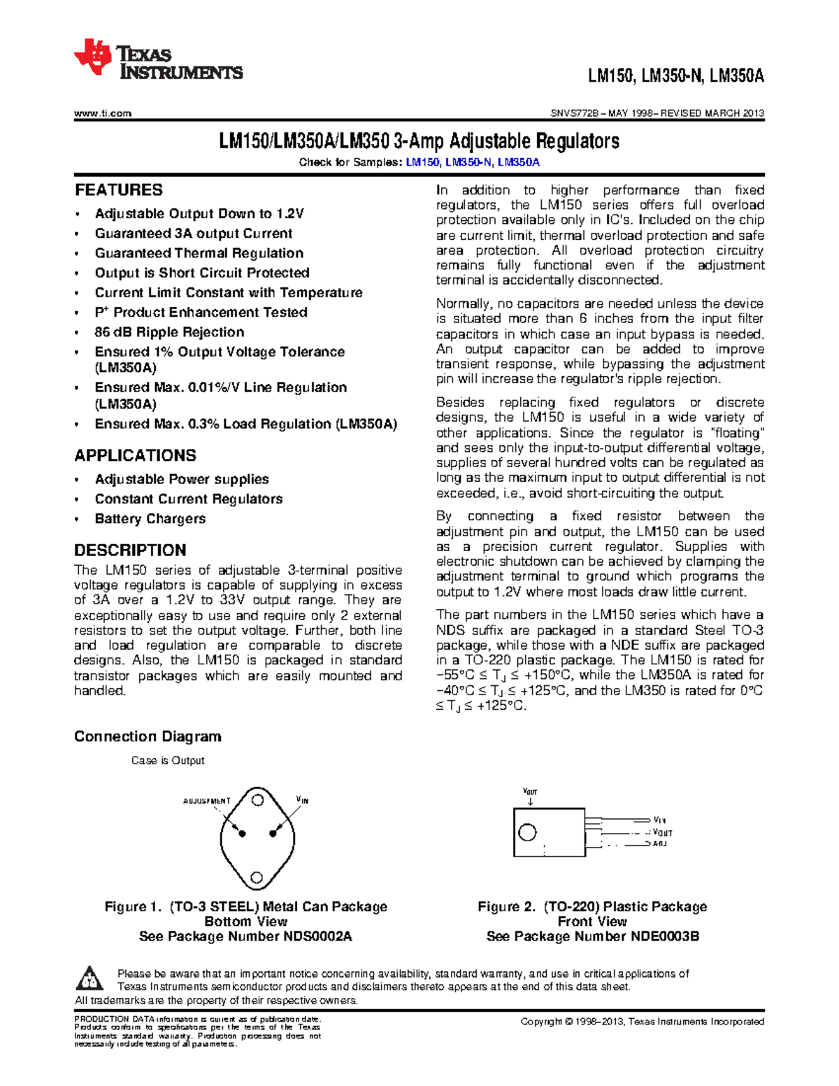 Lm350-n - Datasheet - ti SNVS772B – MAY 1998 – REVISED MARCH 2013 LM150 ...