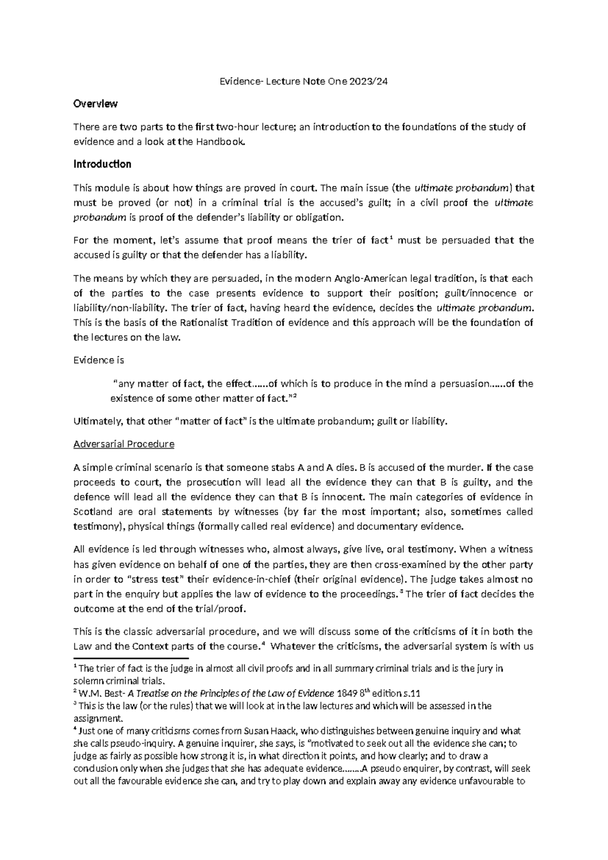 Evidence Lecture Note One 2023-24 - Evidence- Lecture Note One 2023 ...