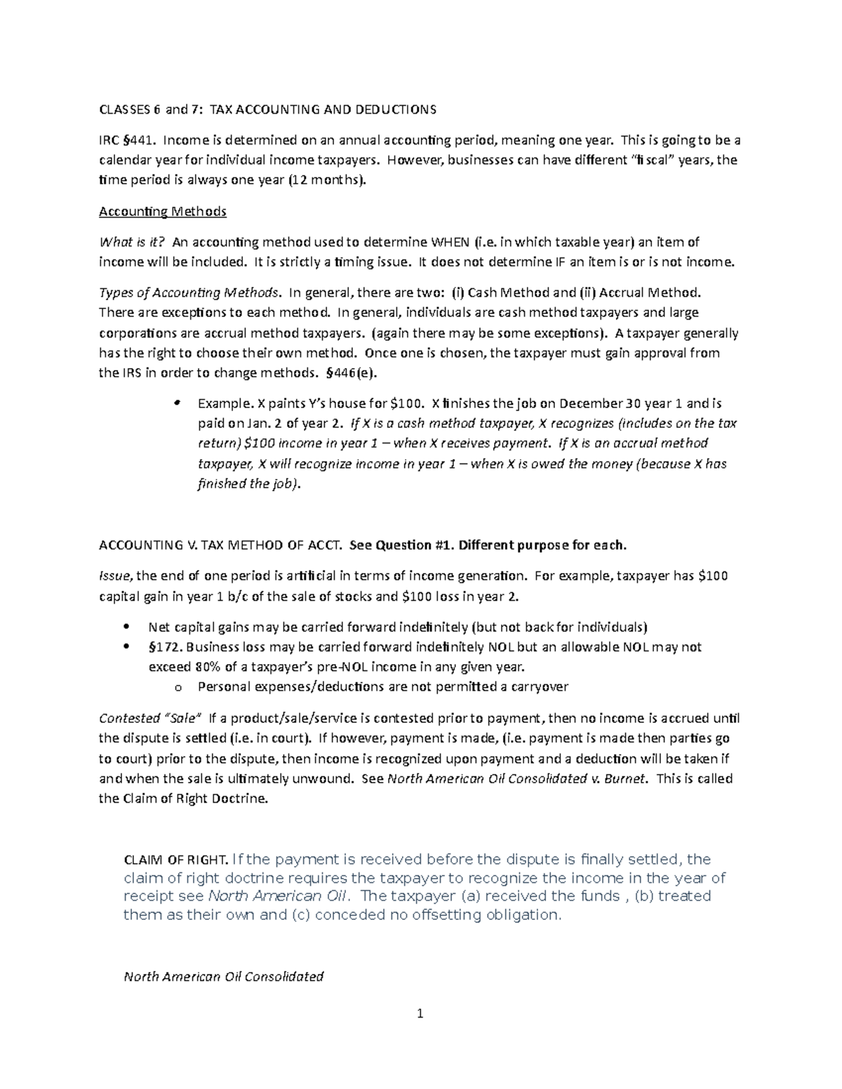 Classes 6 and 7 Outline - class notes - CLASSES 6 and 7: TAX ACCOUNTING ...