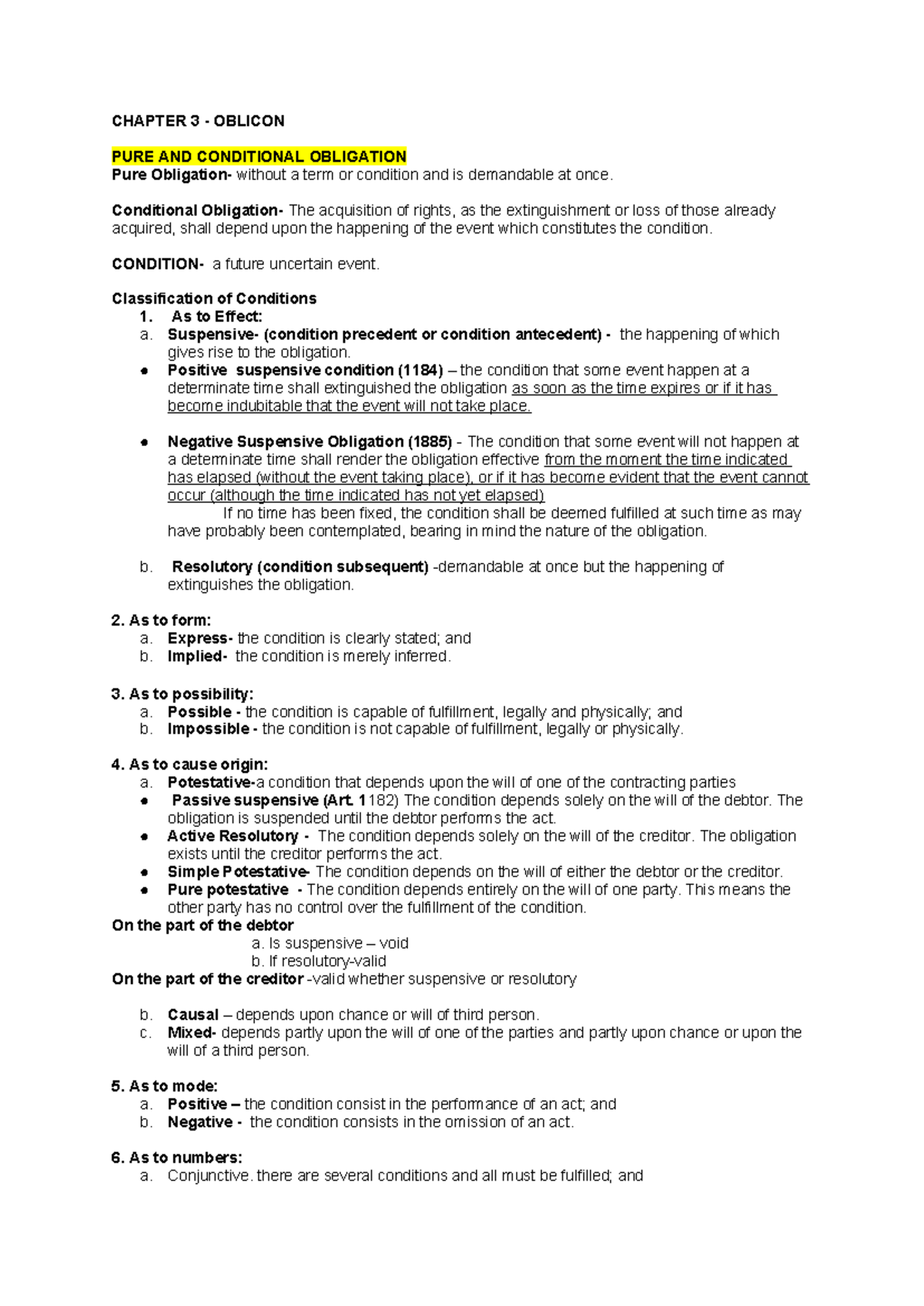 Chapter 3 - Oblicon - CHAPTER 3 - OBLICON PURE AND CONDITIONAL OBLIGATION Pure Obligation ...