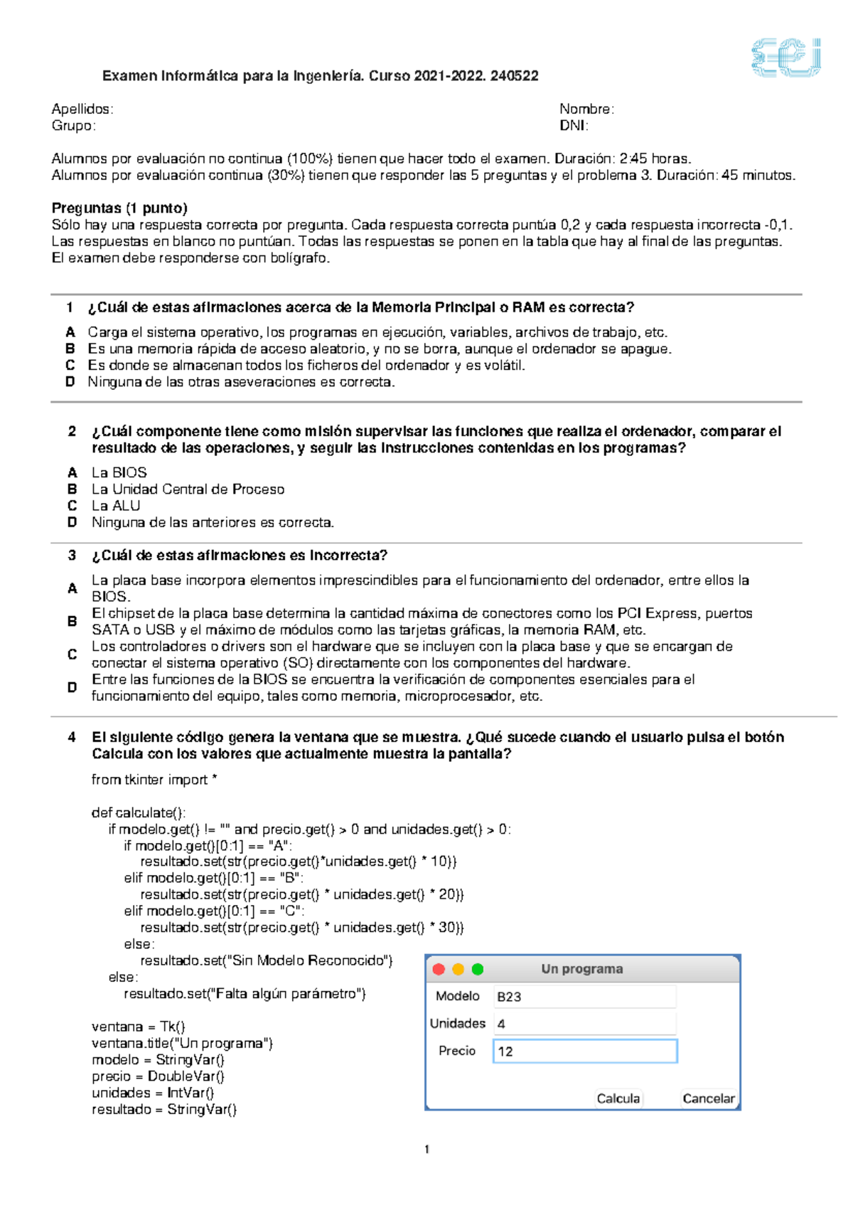 Examen Mayo 2021 2022 solución - Examen Informática para la Ingeniería. Curso 2021 - 2022 ...