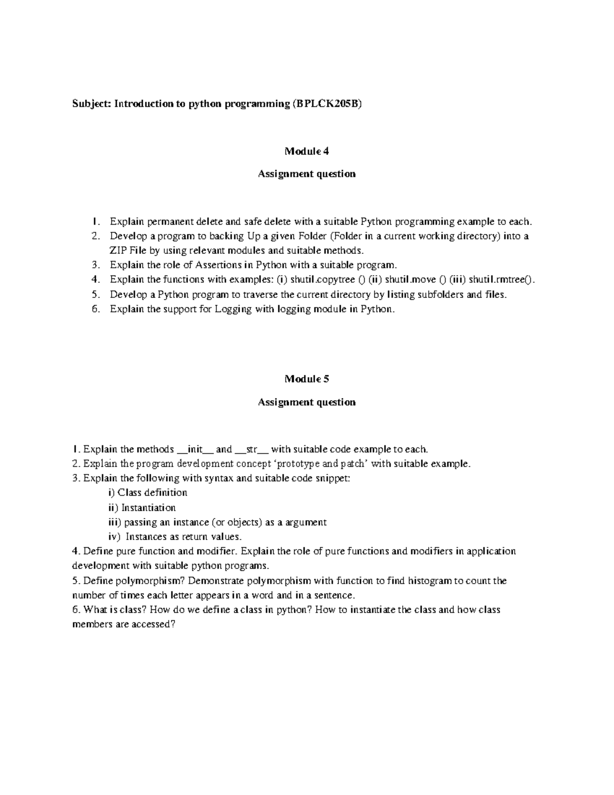 Module 4 AND 5 Assignment - Subject: Introduction to python programming (BPLCK205B) Module 4 ...
