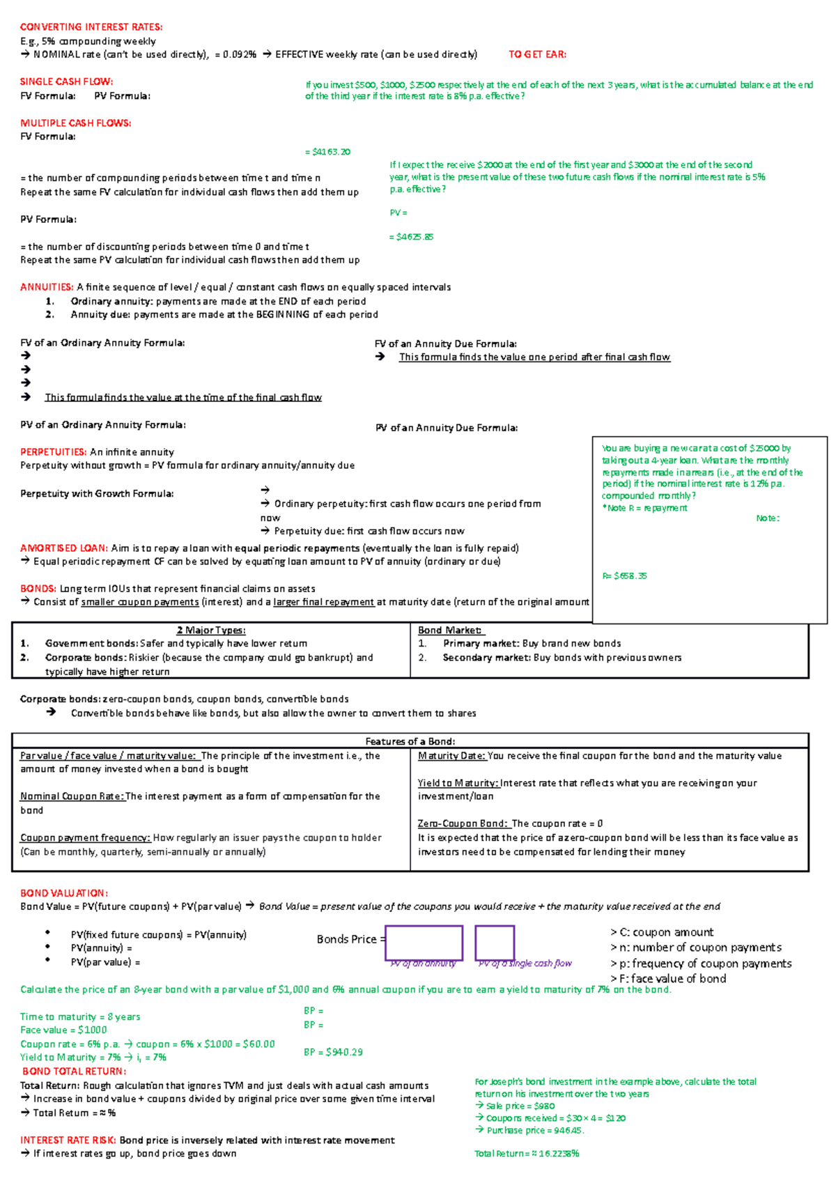 Finance Reference Sheet - CONVERTING INTEREST RATES: E., 5% compounding ...
