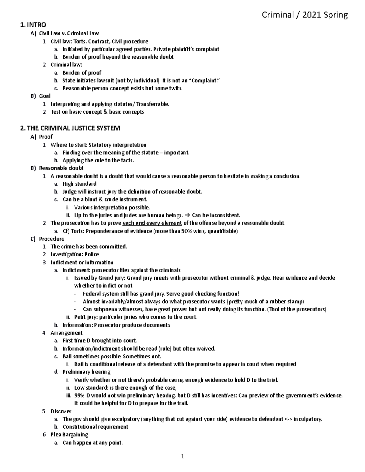 Criminal Law notes - 1. INTRO A) Civil Law v. Criminal Law 1 Civil law ...