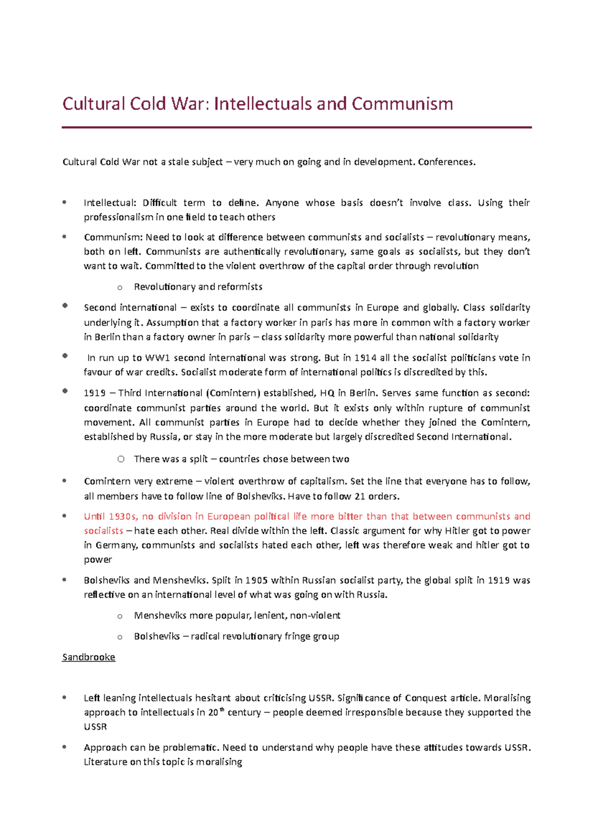 CW3 - Lecture notes 3 - Cultural Cold War: Intellectuals and Communism ...