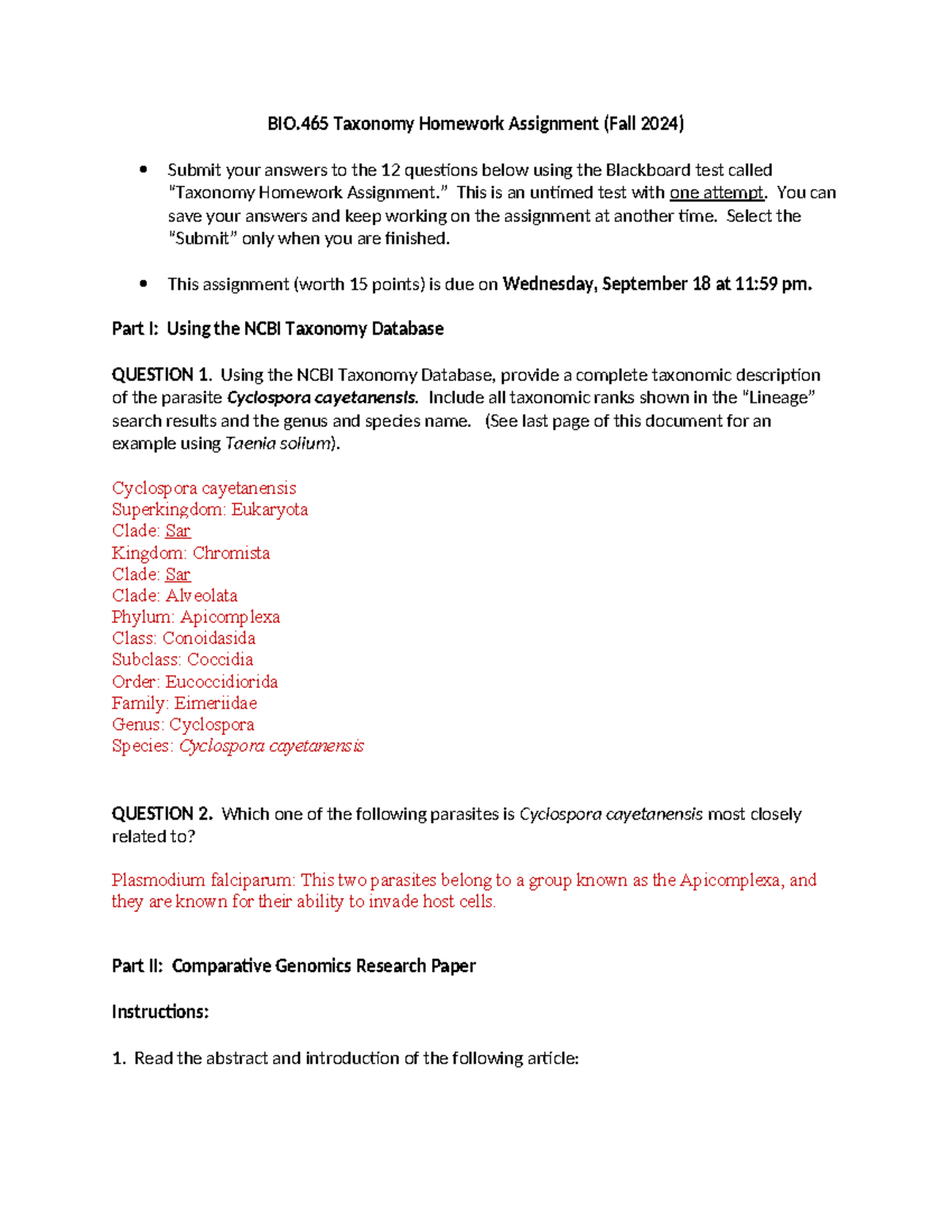 BIO465 Taxonomy Assignment Fall 2024 - BIO Taxonomy Homework Assignment (Fall 2024) Submit your ...