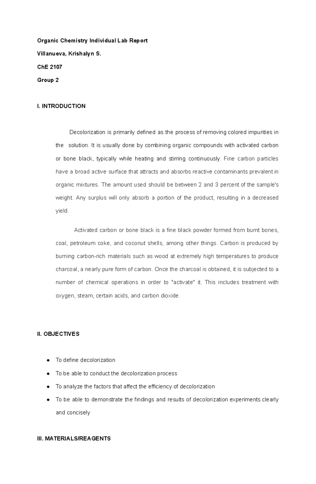 Lab Report Decolorization - Organic Chemistry Individual Lab Report ...