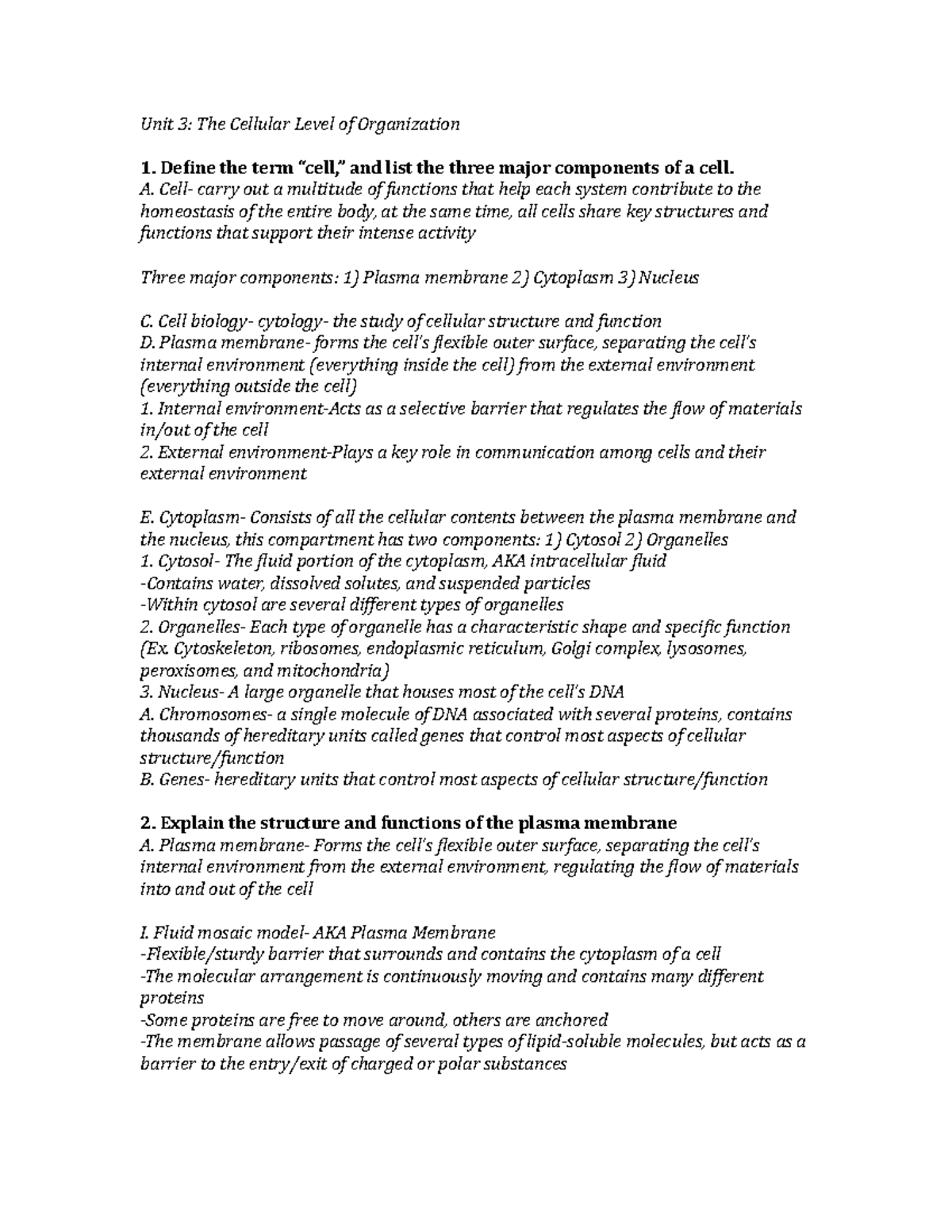 Bio 235 Unit 3 (Condensed) - Unit 3: The Cellular Level of Organization ...