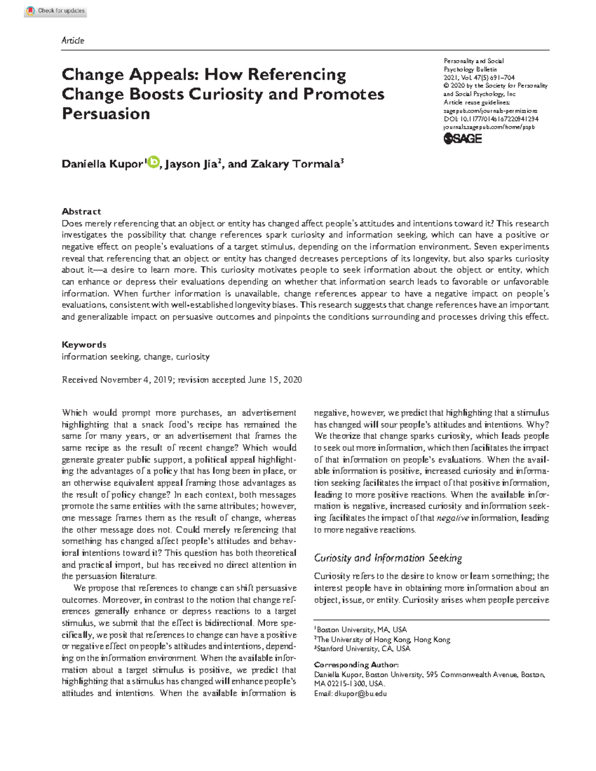 Kupor Jia Tormala (2021) Change appeals PSPB - doi/10.1177/ Personality ...