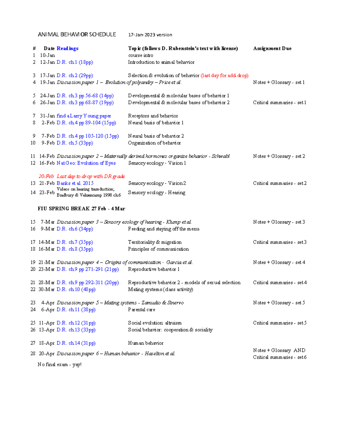 AB Schedule 2023 - ANIMAL BEHAVIOR SCHEDULE 17-Jan-2023 version # Date ...