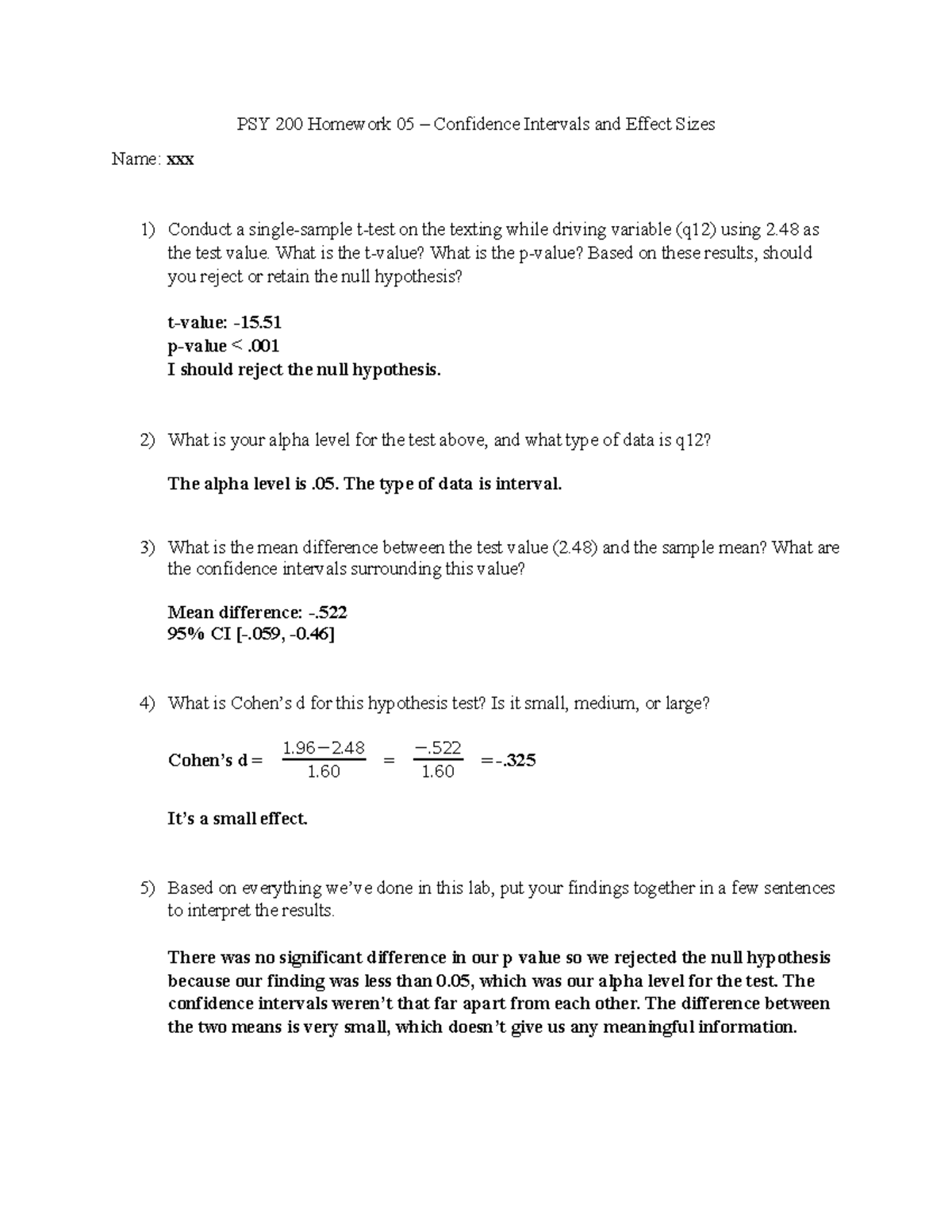 Homework 5: Confidence Intervals and Effect Sizes - PSY 200 Homework 05 ...