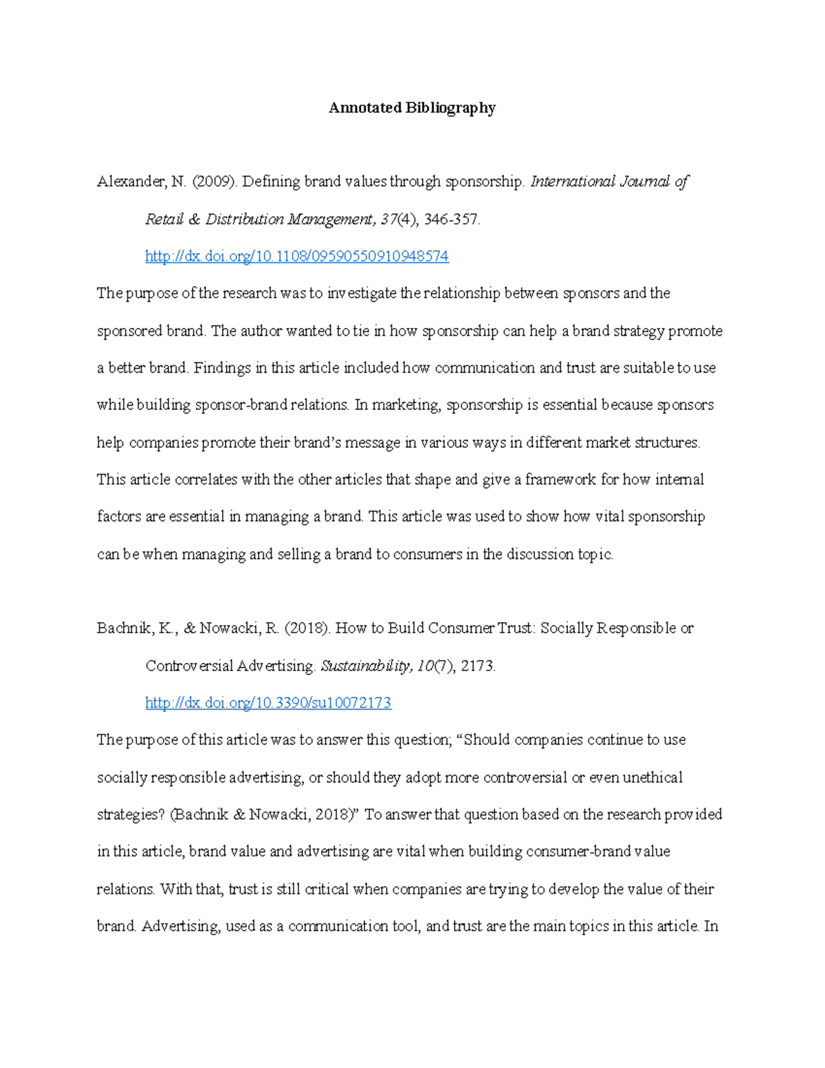 Marketing Annotated Bib - Annotated Bibliography Alexander, N. (2009 ...