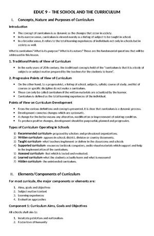 EDUC 9 - Notes - EDUC 9 – THE SCHOOL AND THE CURRICULUM I. Concepts ...