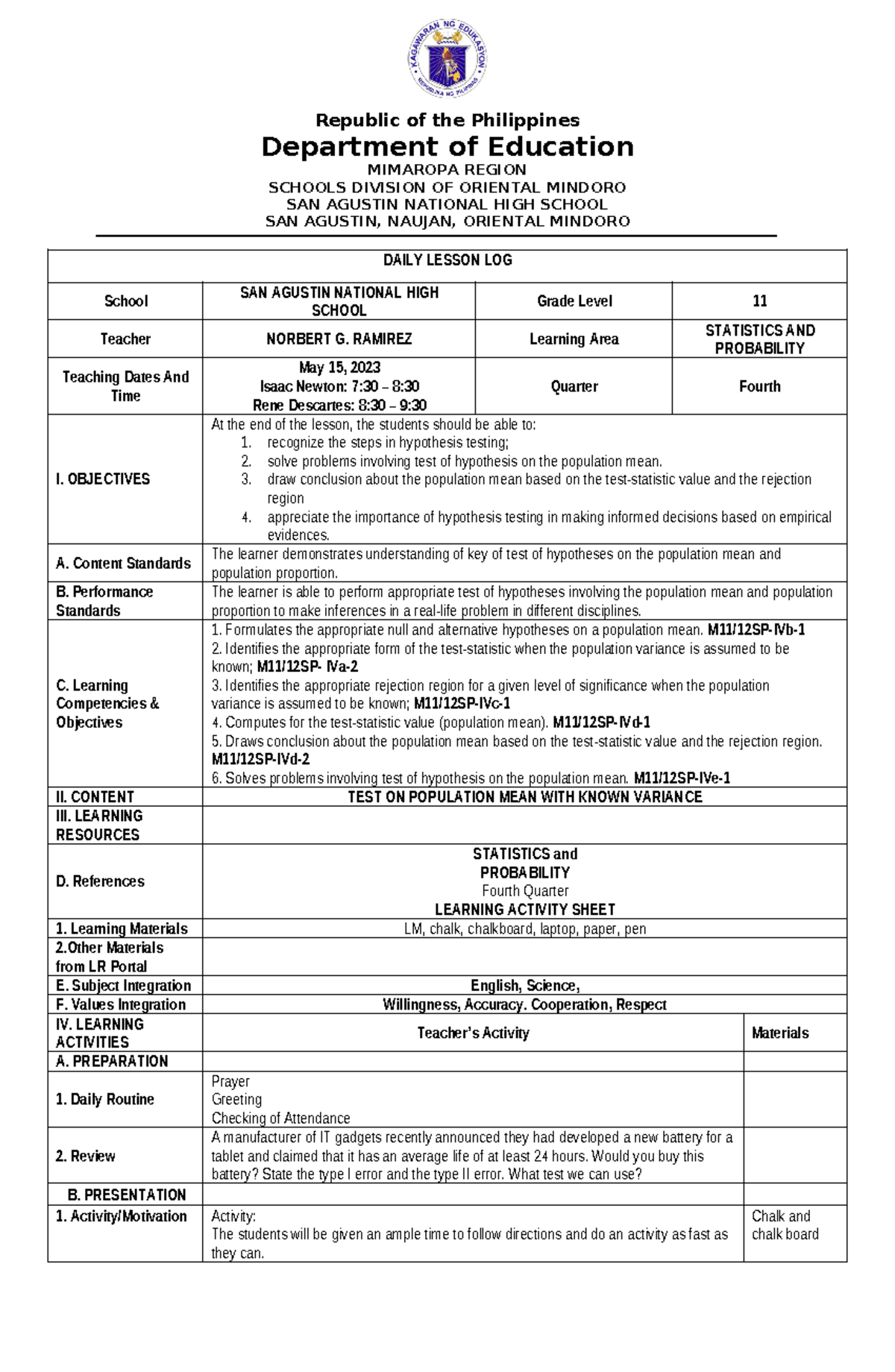 1st-LP - assignment - Department of Education MIMAROPA REGION SCHOOLS ...
