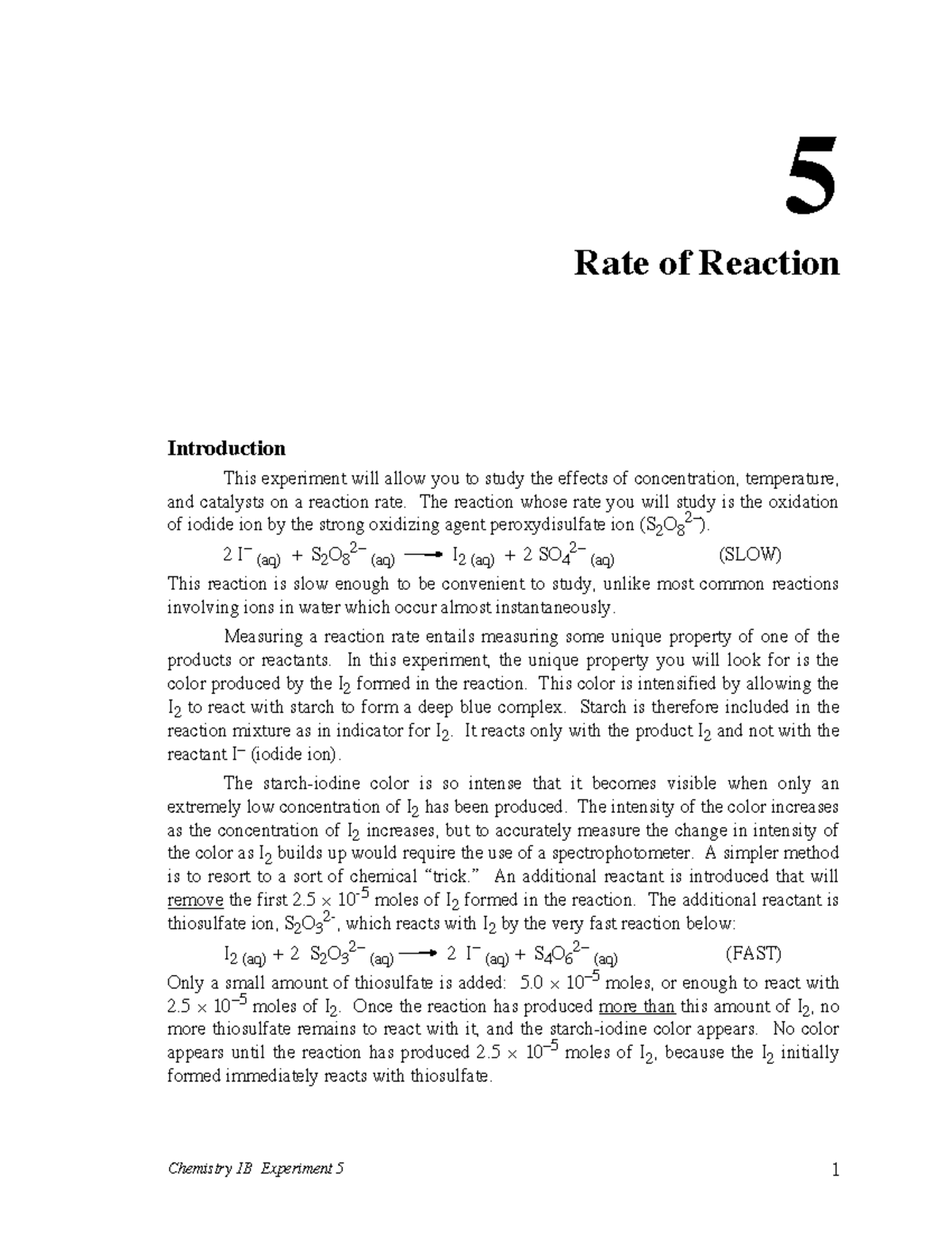 Experiment 10 Laboratory Manual - 5 Rate of Reaction Introduction This ...