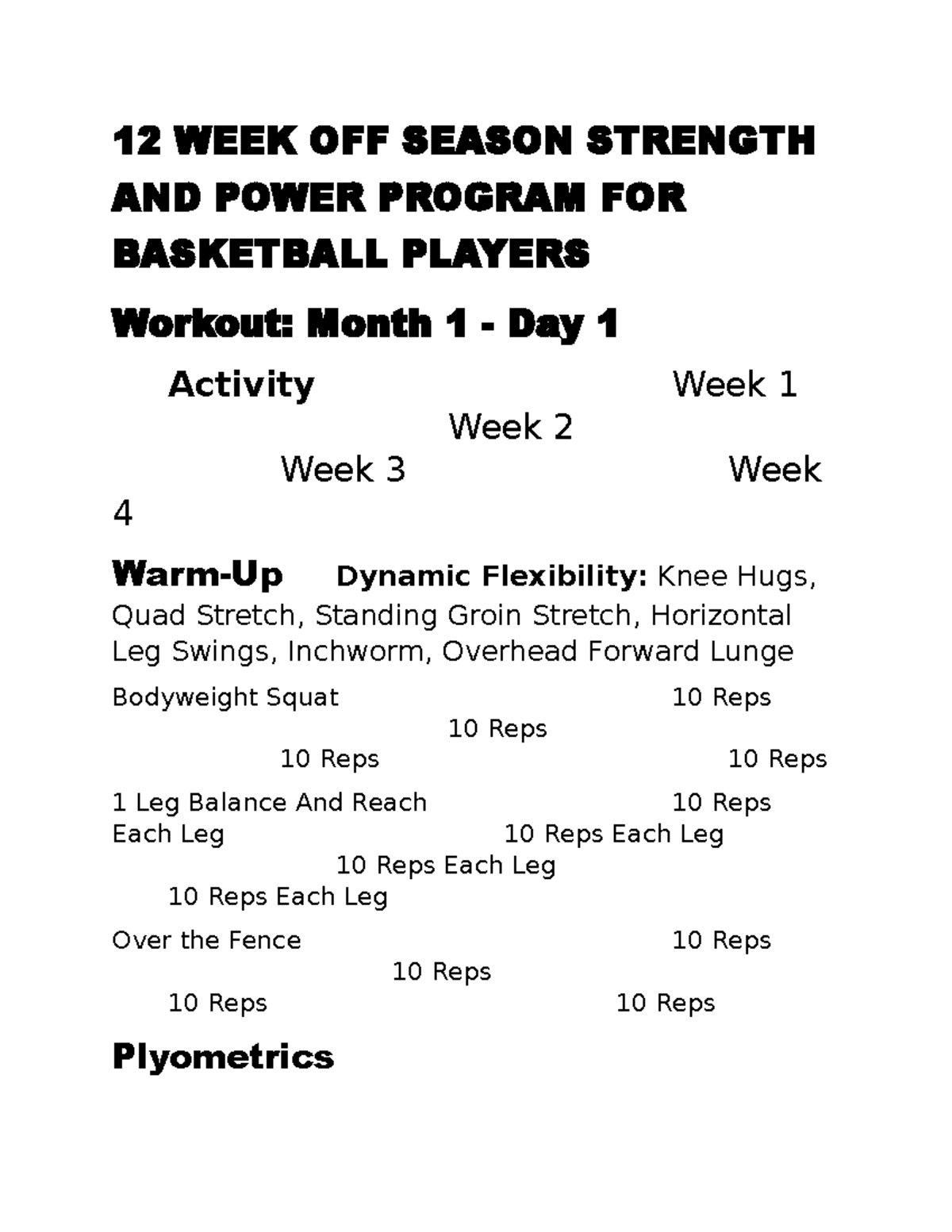 12 WEEK OFF Season Strength AND Power Program FOR Basketball Players ...